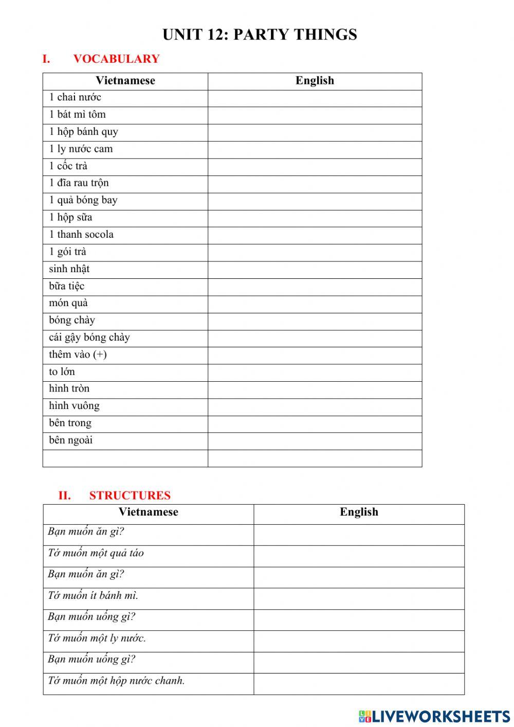 Unit 12: Party things worksheet | Live Worksheets