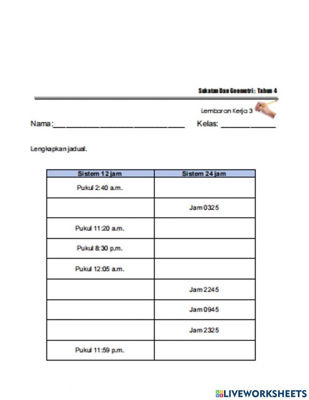 Sistem 12 jam dan sistem 24 jam activity | Live Worksheets