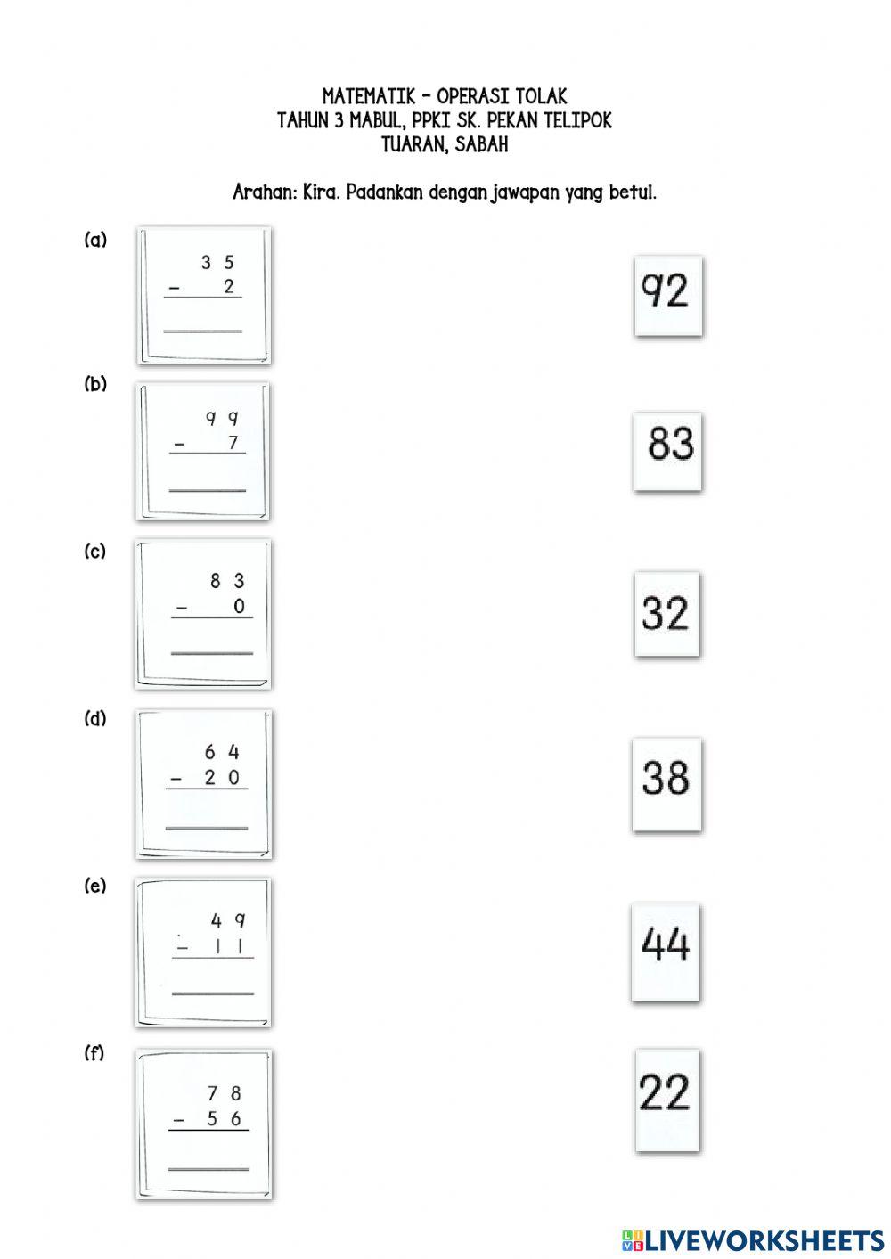 LEMBARAN KERJA MATEMATIK OPERASI TOLAK TAHUN 3 KHAS, PPKI
