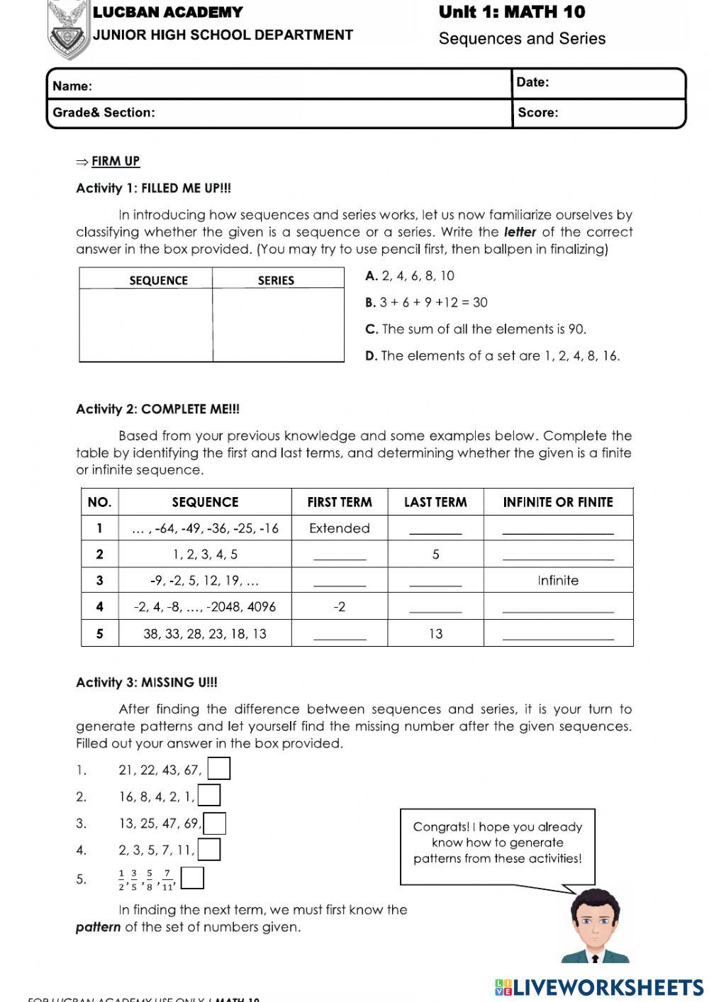 Arithmetic Sequence | Garry D. Babao | Live Worksheets