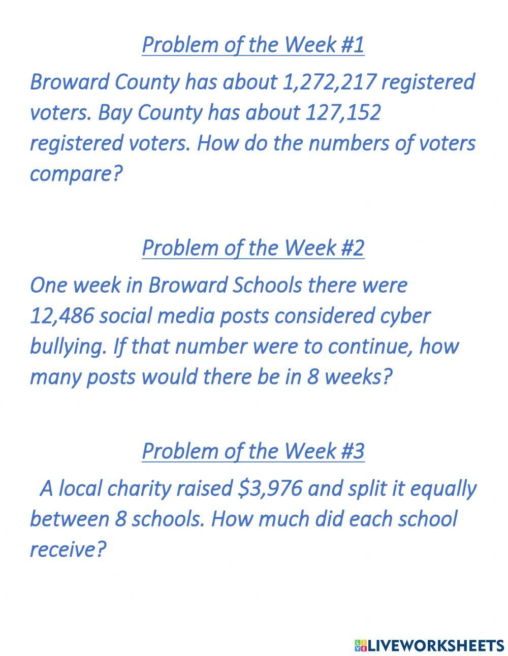Problems of the Week 1-3 online exercise for | Live Worksheets