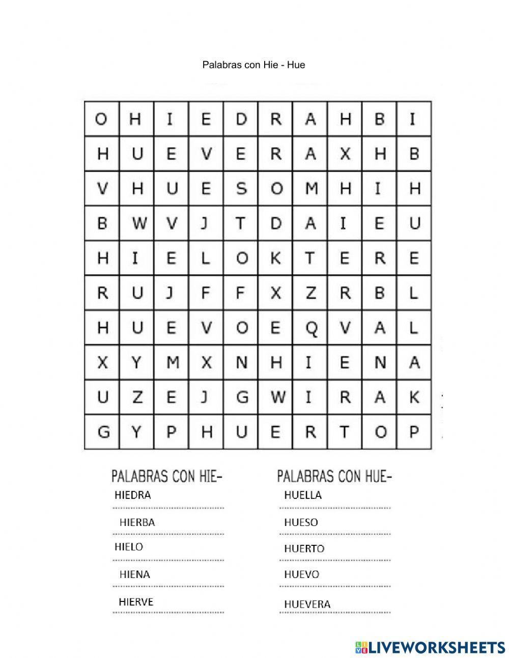 Palabras Hie - Hue worksheet | Live Worksheets