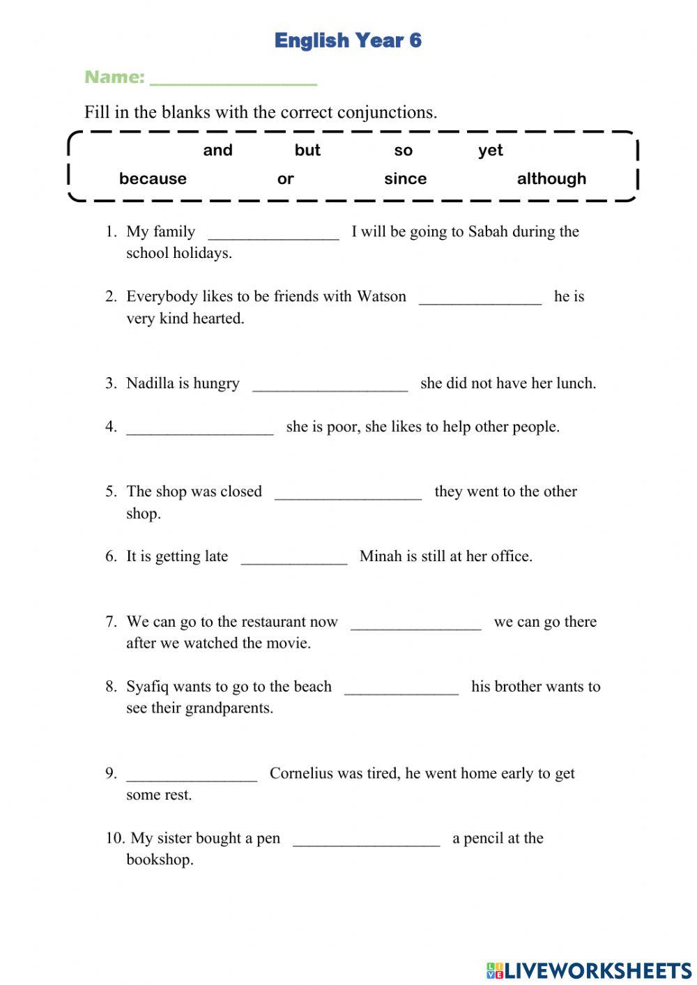 Conjunctions 1242 | junschool | Live Worksheets
