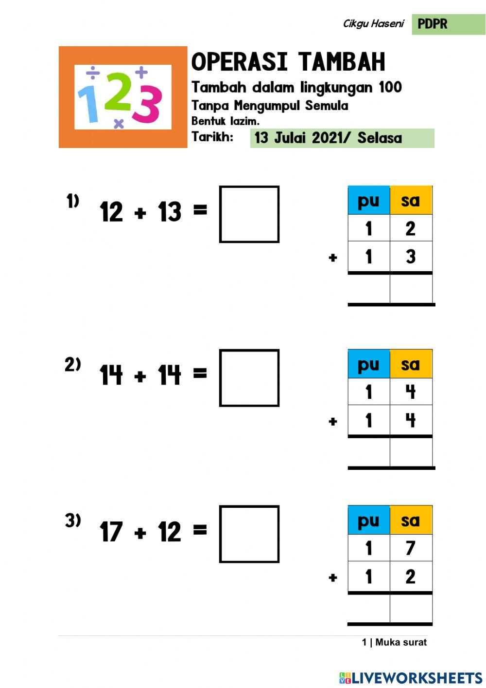 Tambah Dalam Lingkungan 100-Bentuk Lazim-2 Digit worksheet | Live ...