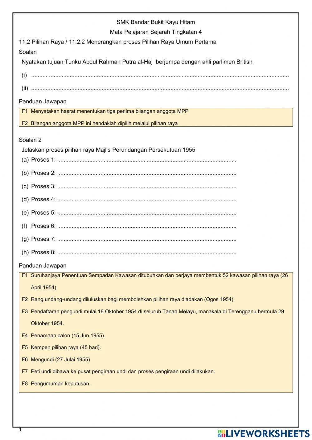 Pilihan raya 1955 worksheet | Live Worksheets