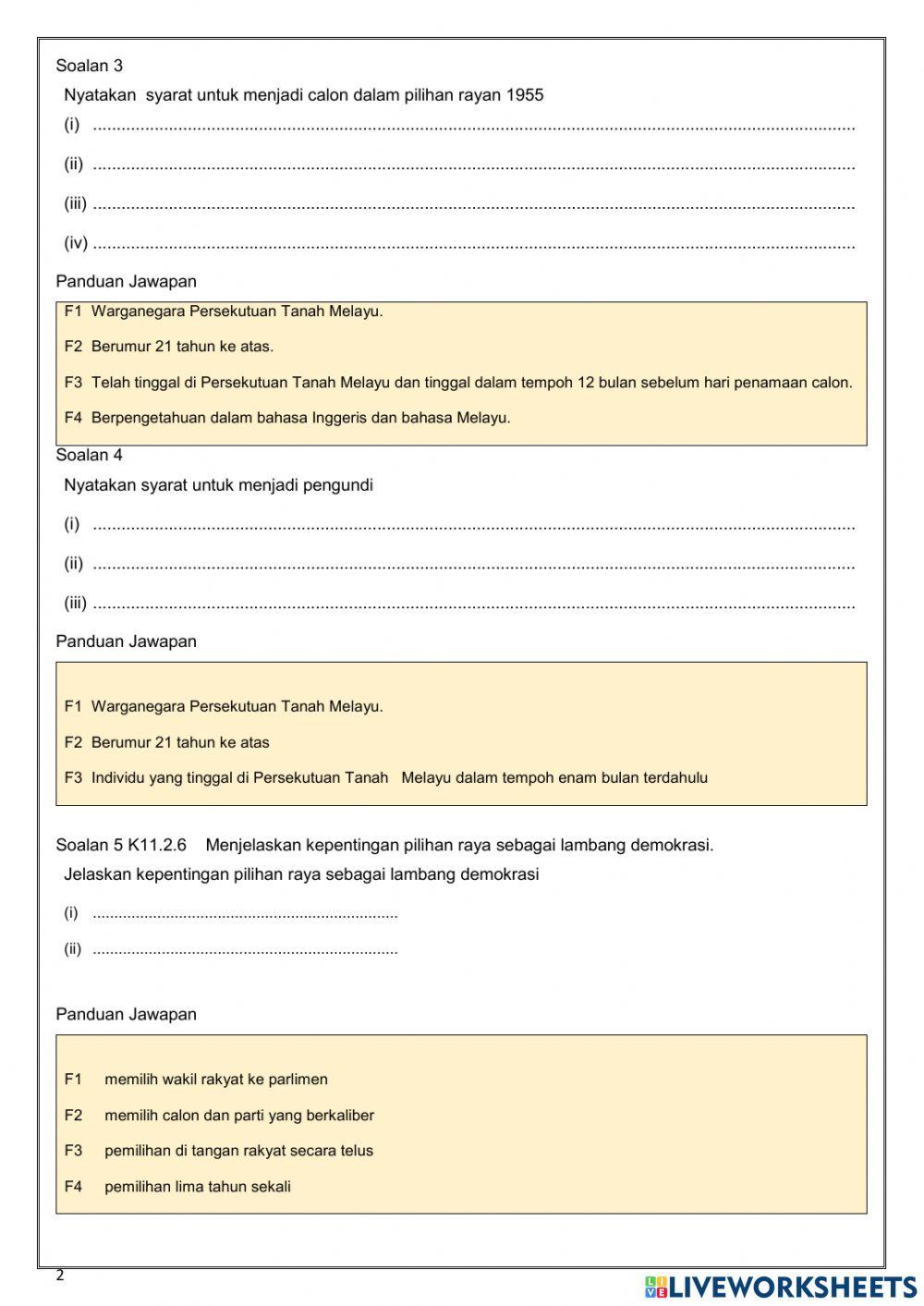 Pilihan raya 1955 worksheet | Live Worksheets