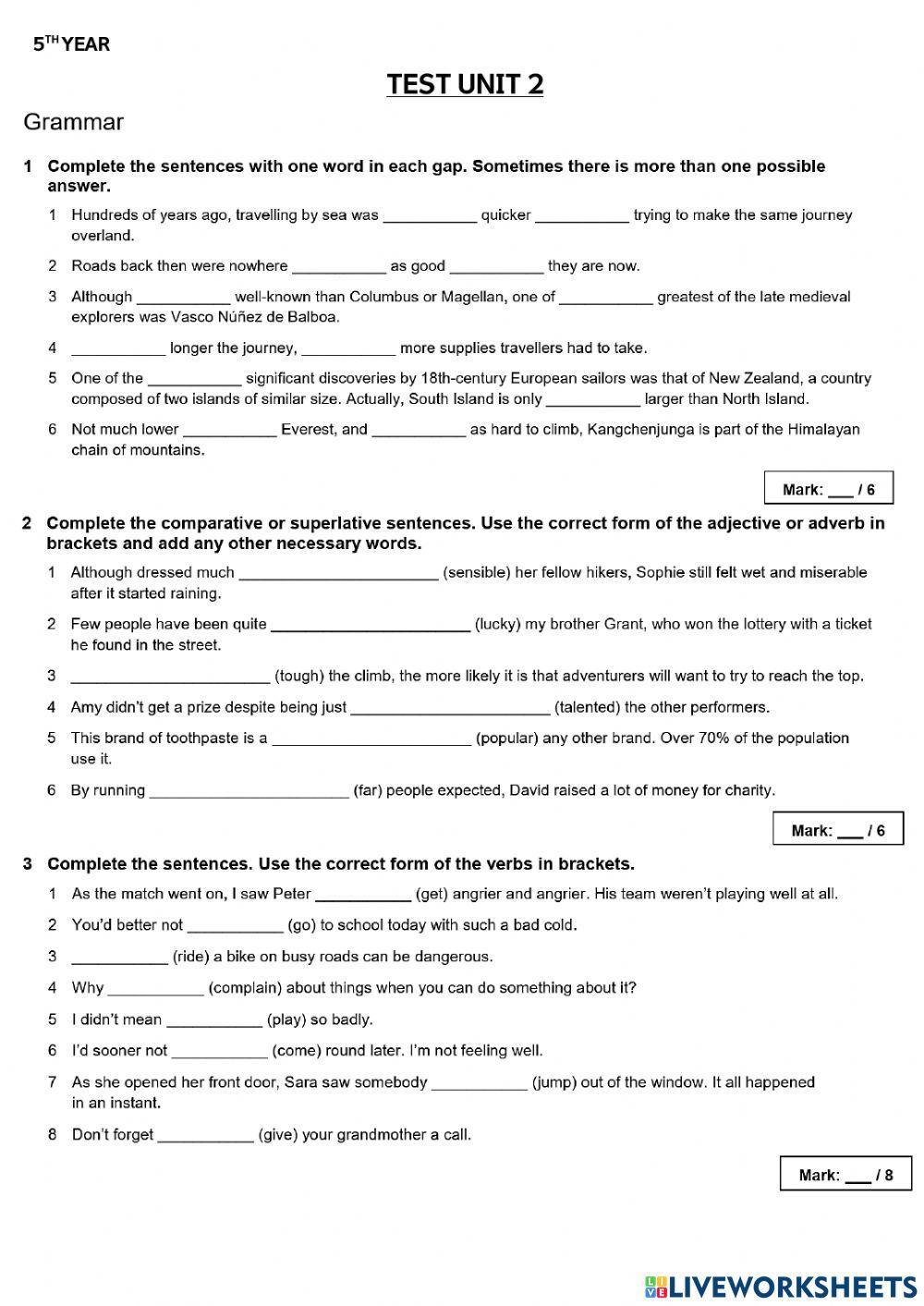 Test unit 2 online activity for 5TH YEAR | Live Worksheets