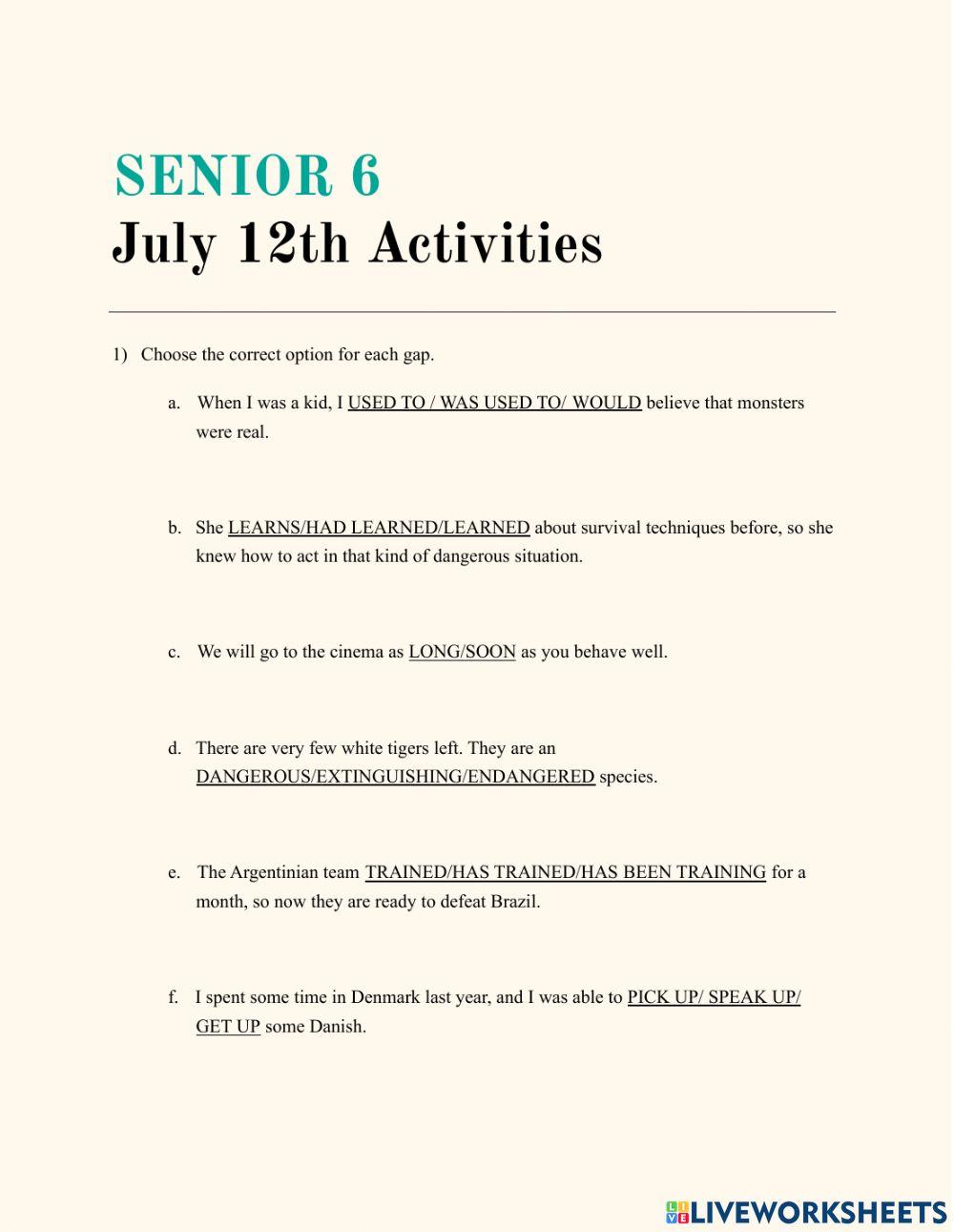 July 12th Activities, Senior 6 worksheet | Live Worksheets