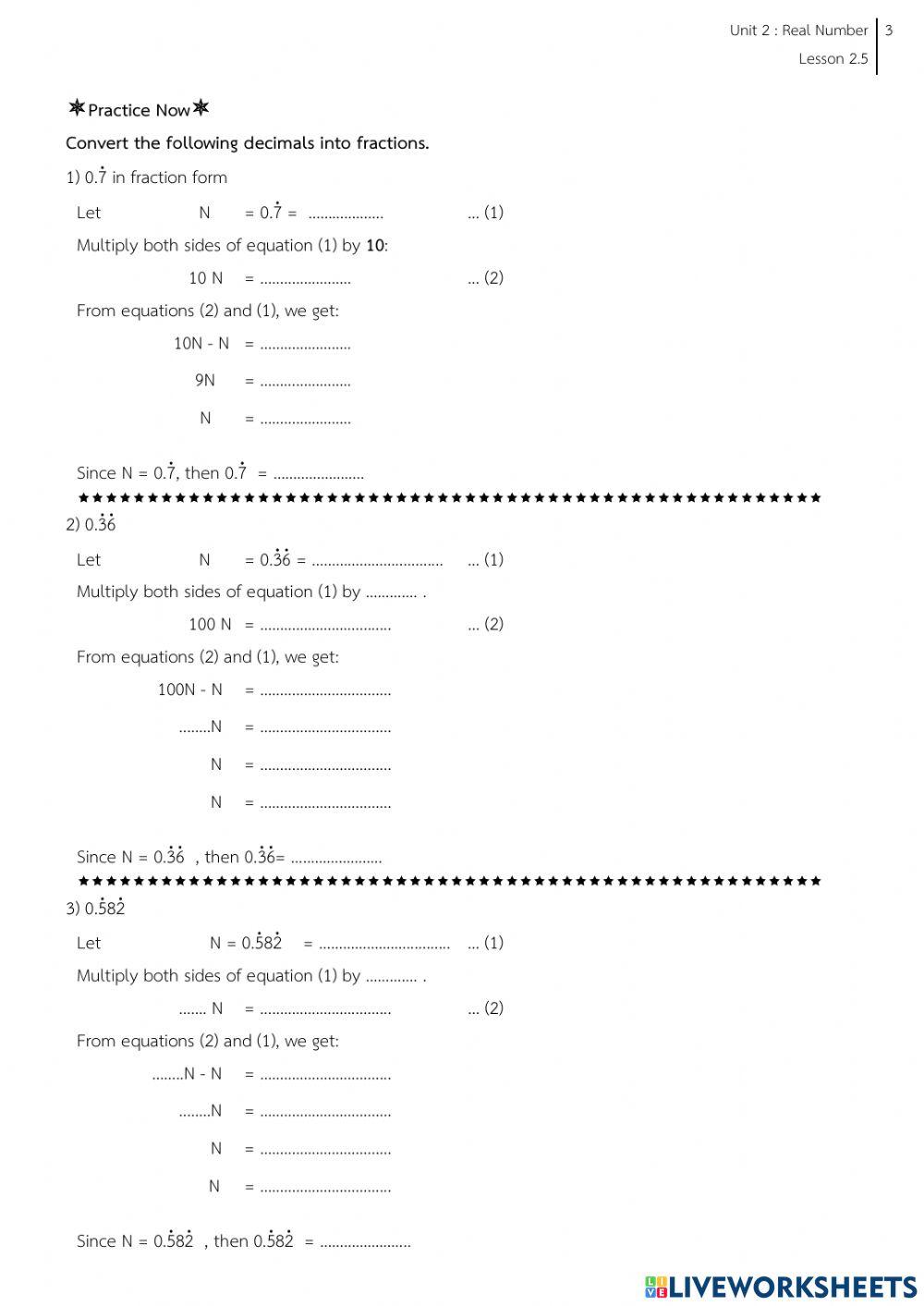 recurring decimal worksheet