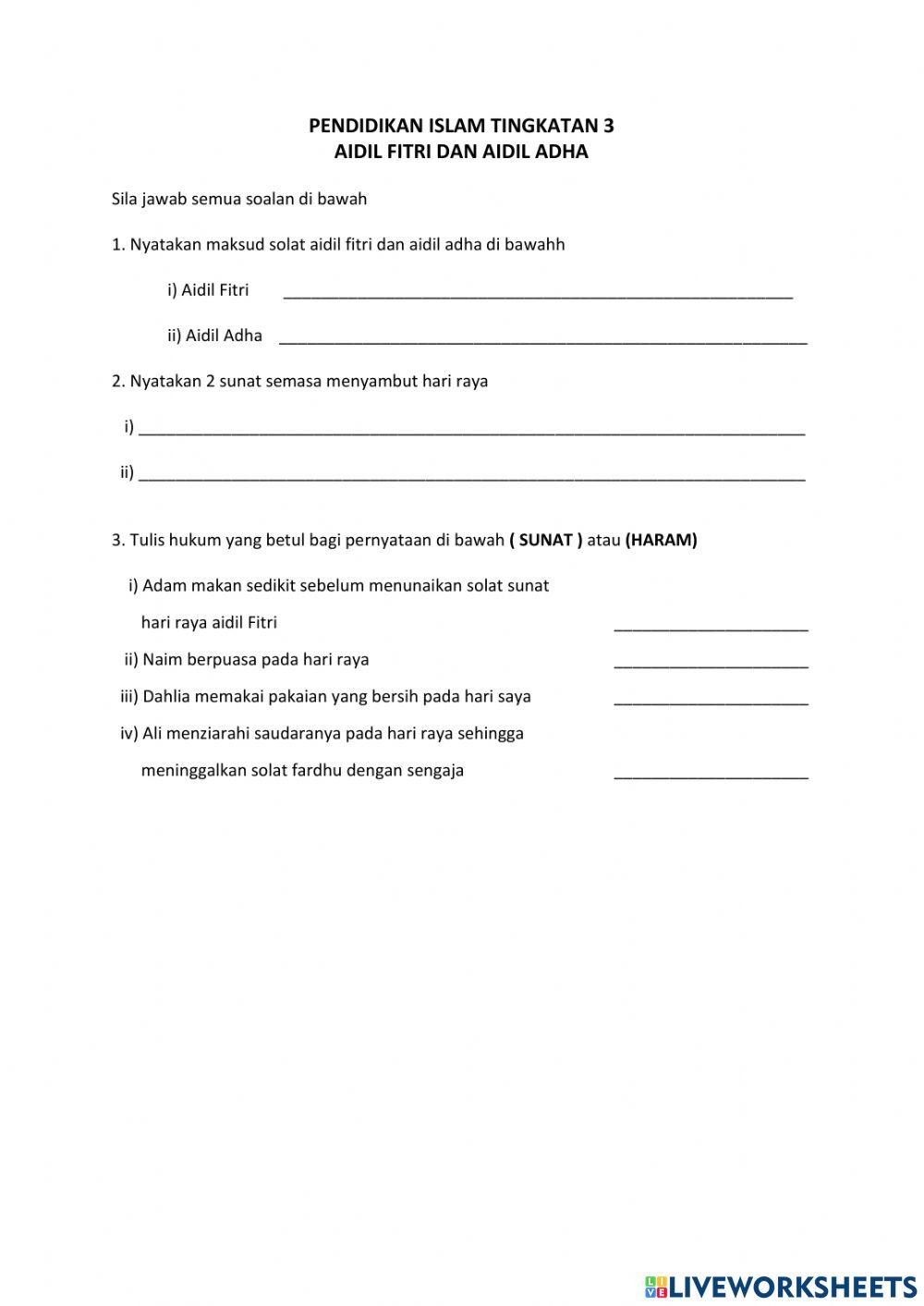 Aidil fitri dan aidil adha worksheet | Live Worksheets