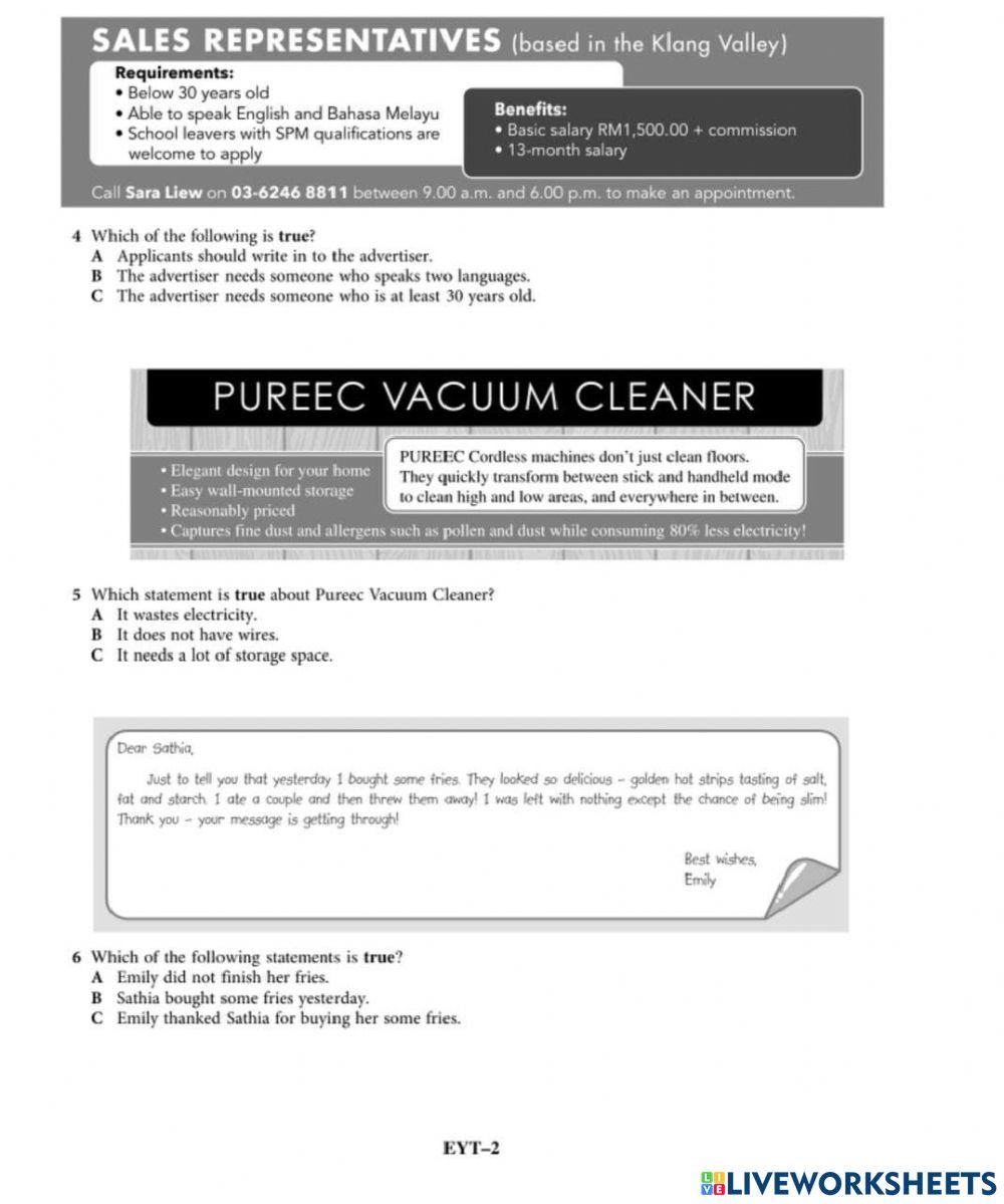 ENGLISH PAPER 1 1119-2 READING SPM ENGLISH online exercise for | Live ...