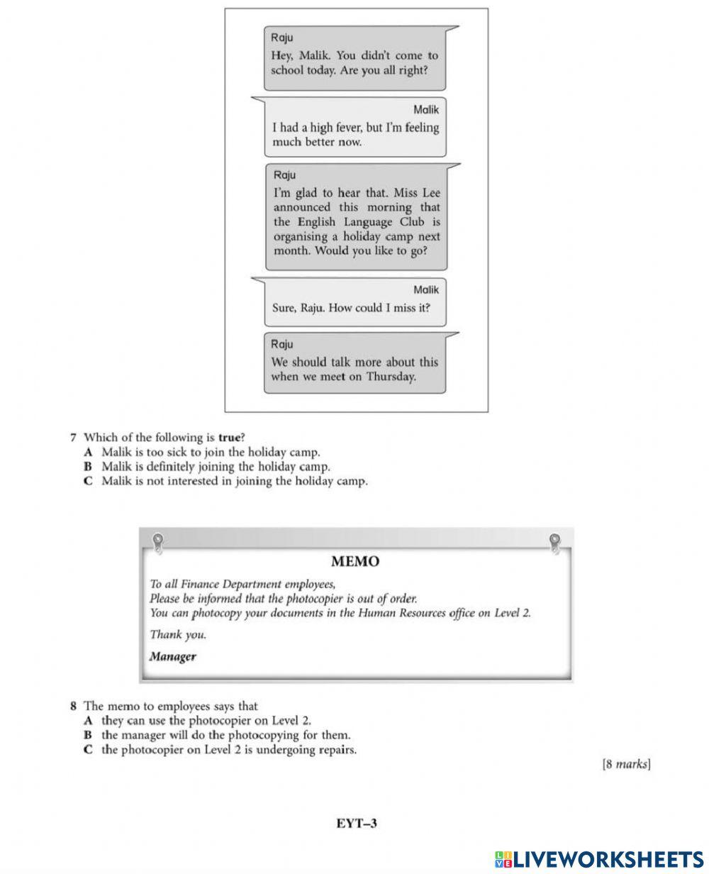 ENGLISH PAPER 1 1119-2 READING SPM ENGLISH online exercise for | Live ...