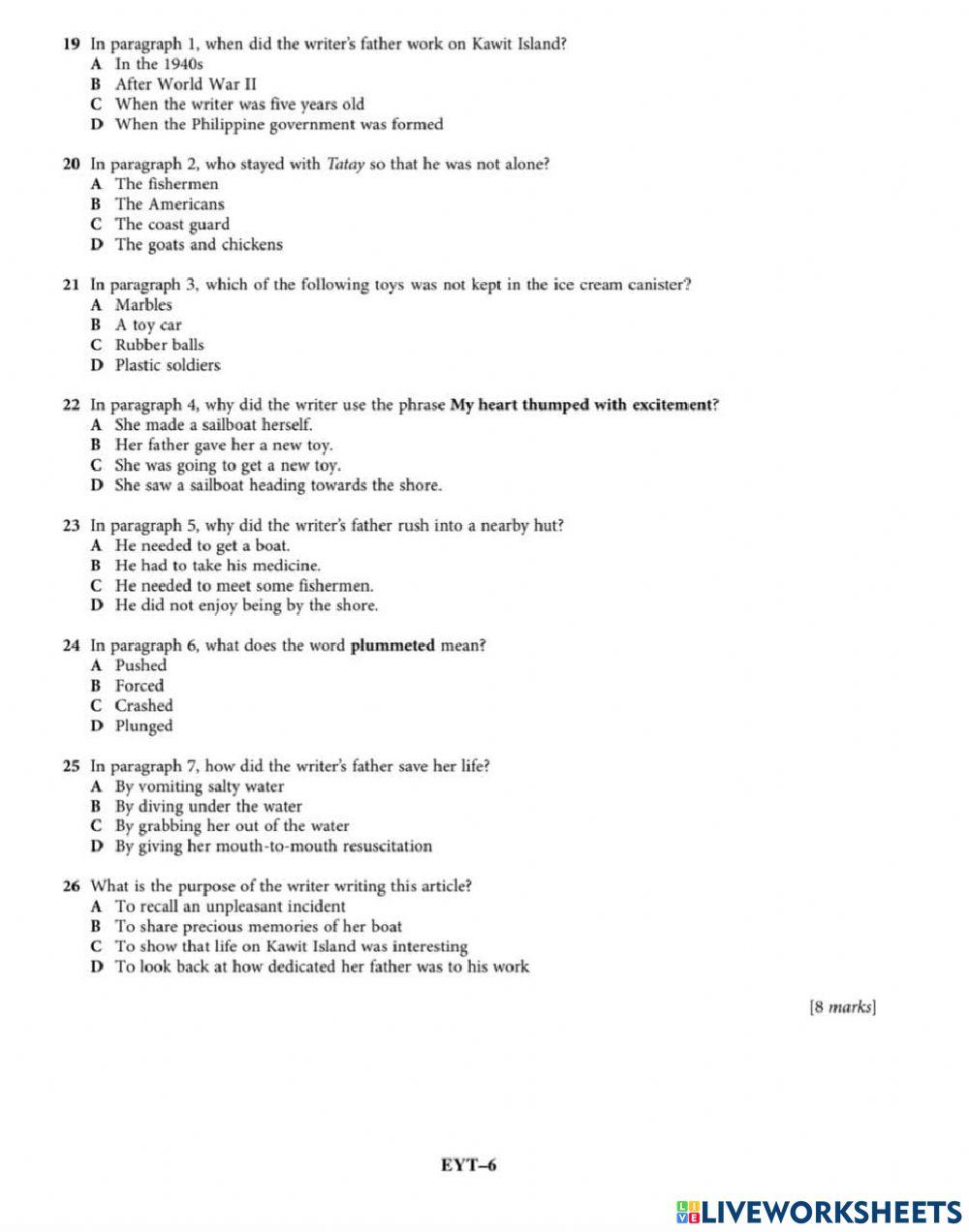 ENGLISH PAPER 1 1119-2 READING SPM ENGLISH online exercise for | Live ...