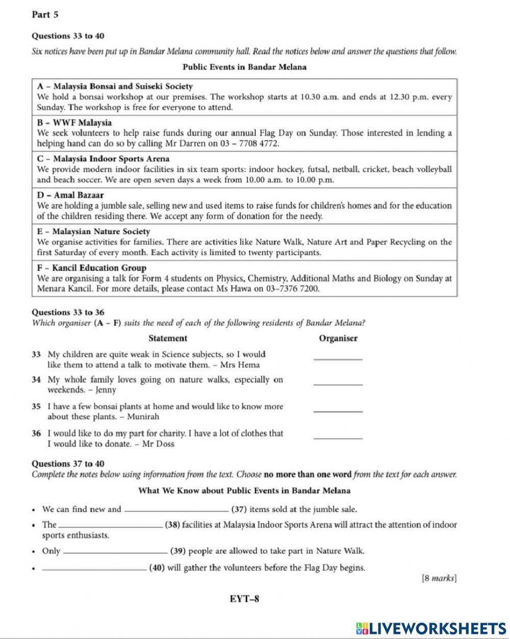 ENGLISH PAPER 1 1119-2 READING SPM ENGLISH online exercise for | Live ...