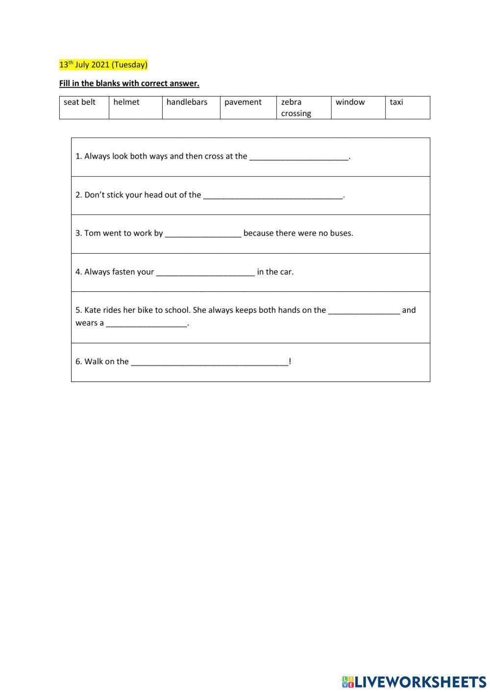 Pdf online activity: Road safety | Live Worksheets