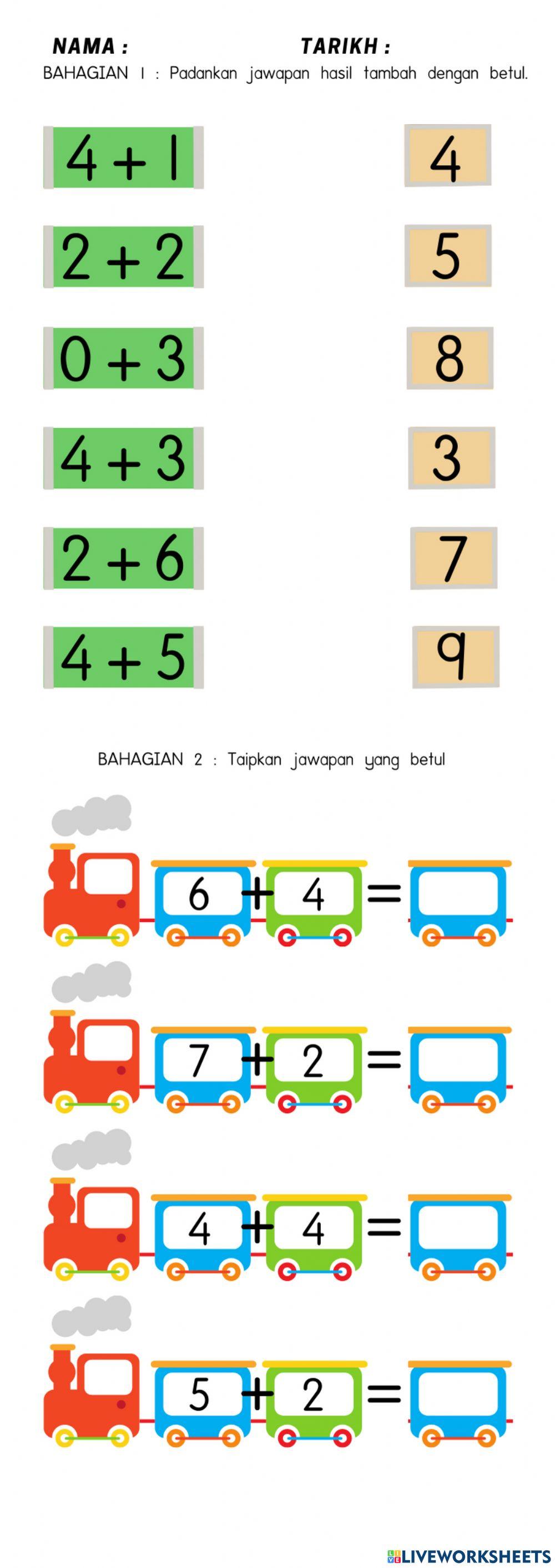 Operasi Tambah online exercise for Prasekolah | Live Worksheets