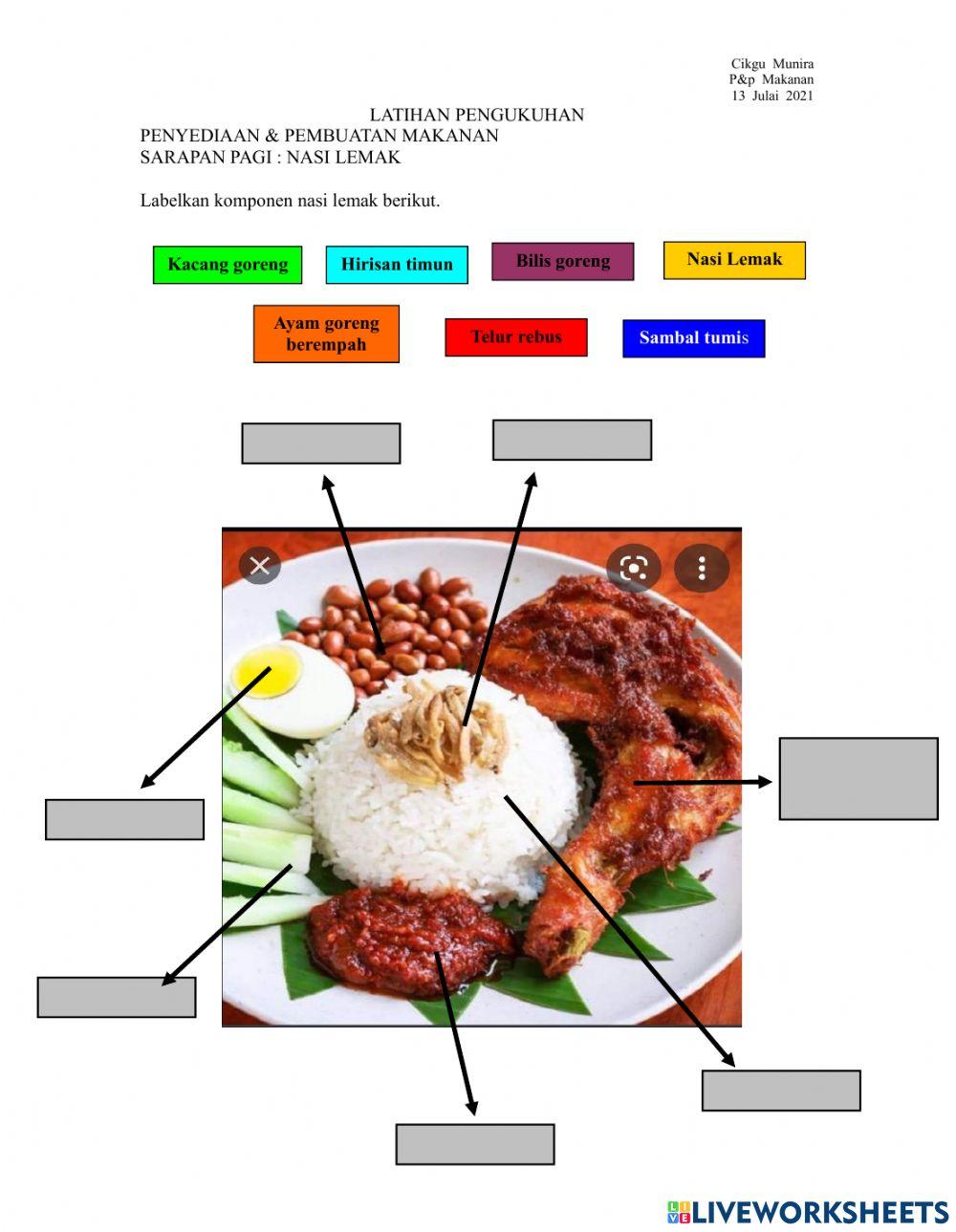 Komponen Nasi Lemak worksheet | Live Worksheets