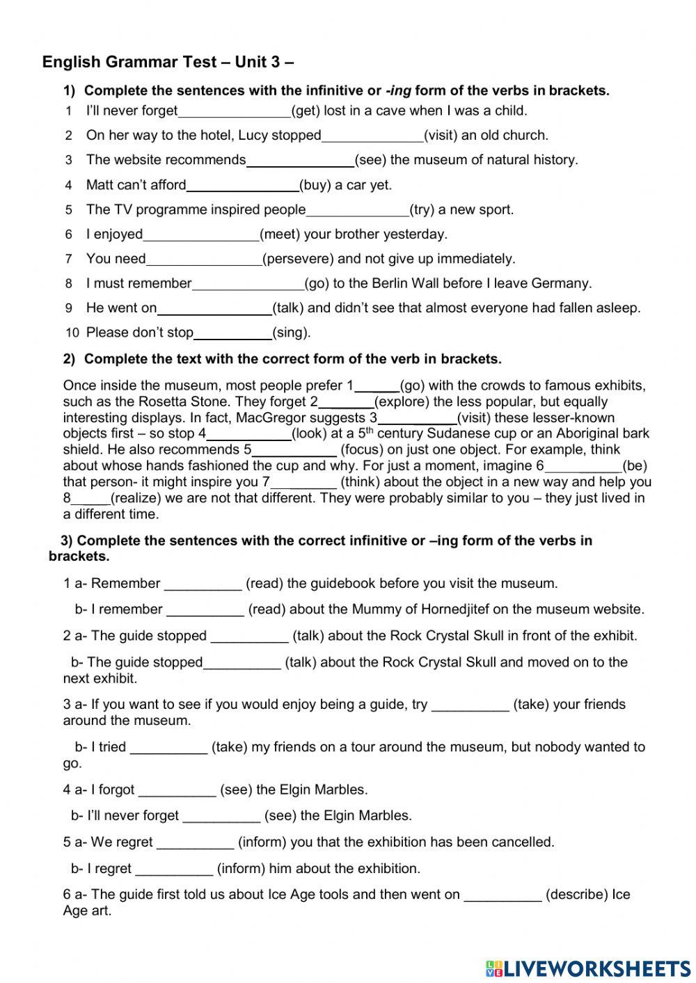 Test on Unit 3 worksheet | Live Worksheets