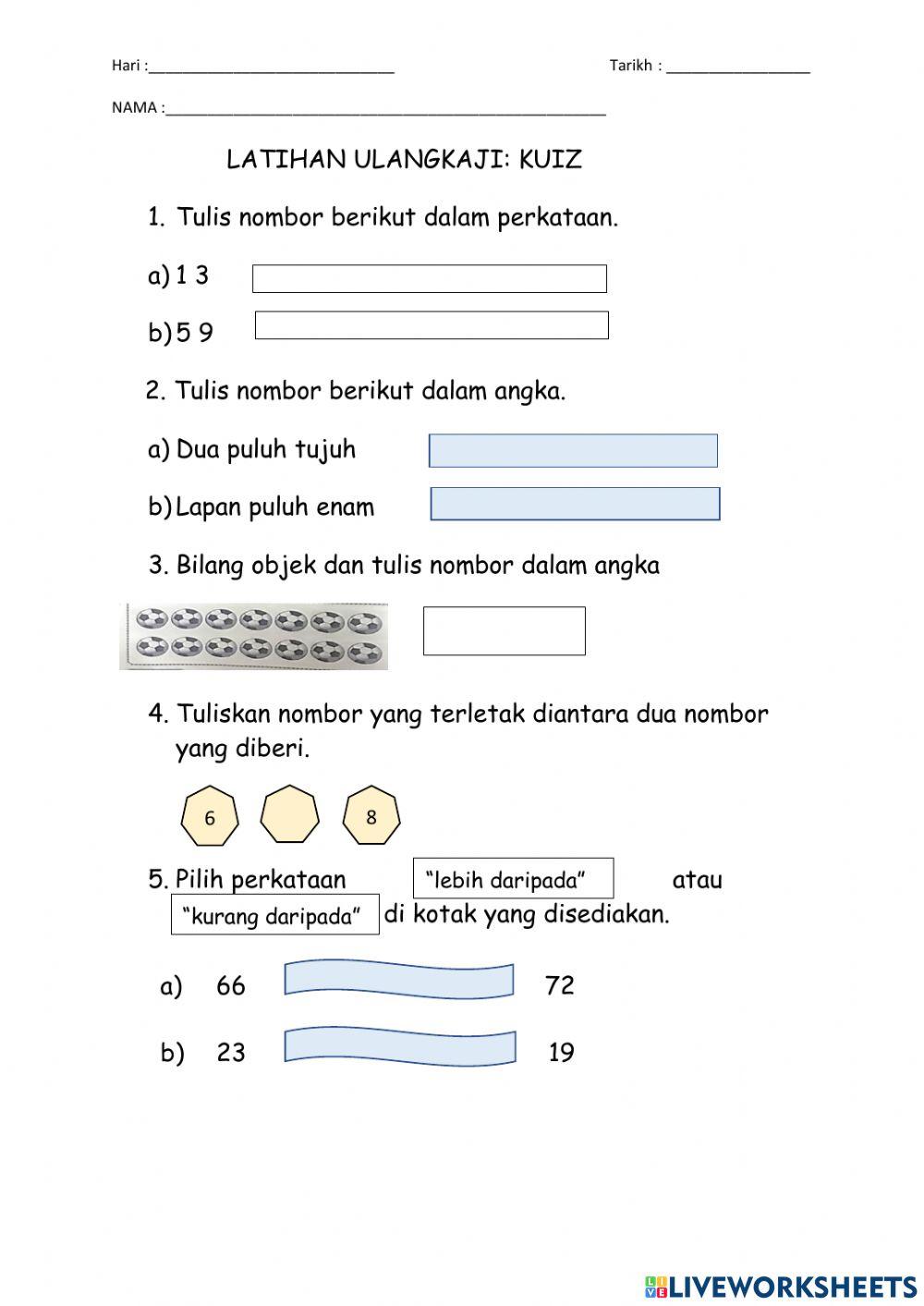 Pdf online activity: Matematik tahun 1 | Live Worksheets