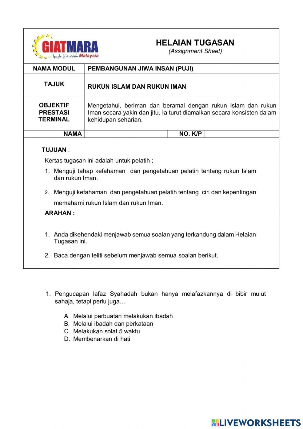 Rukun islam dan rukun iman worksheet | Live Worksheets