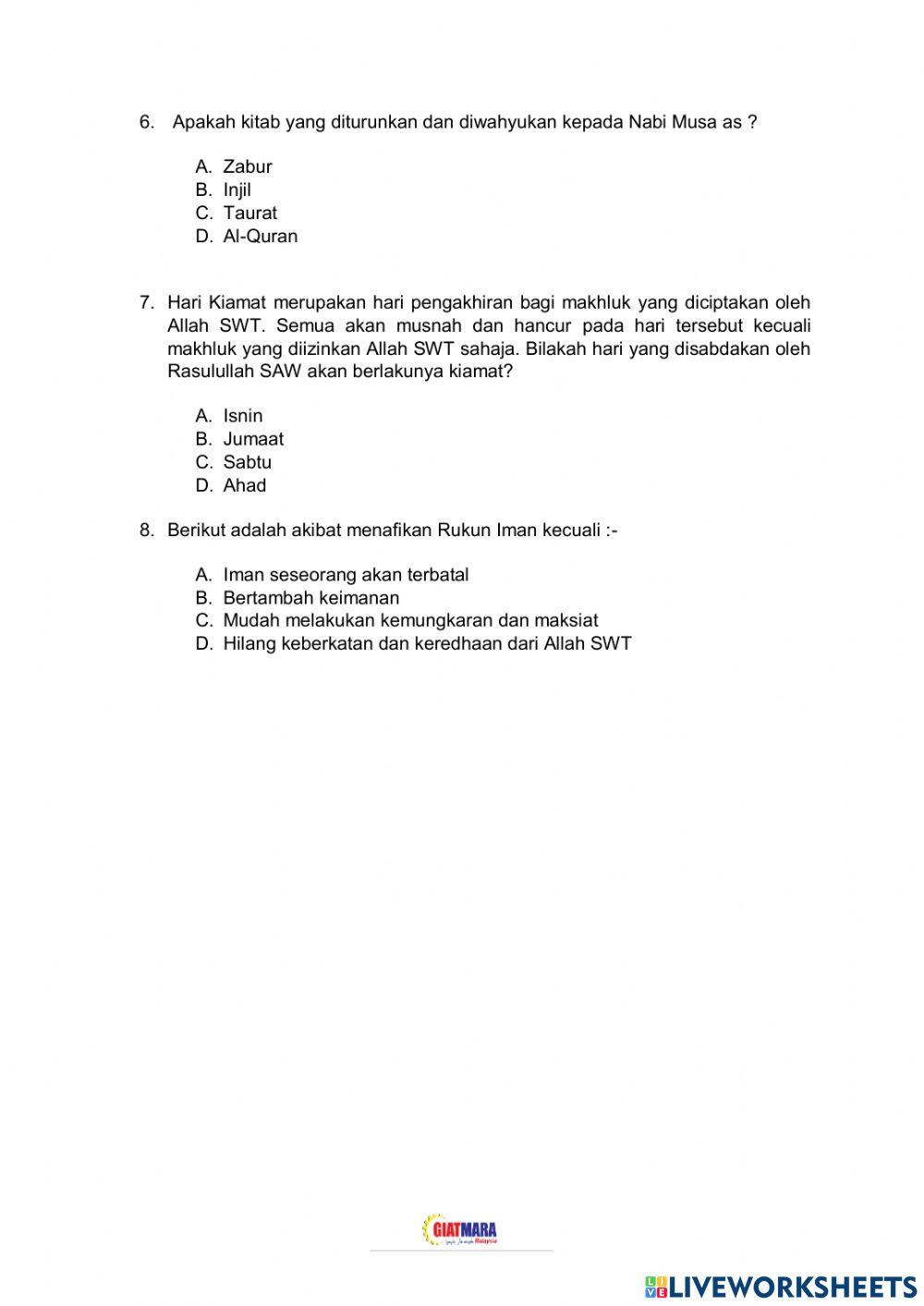 Rukun islam dan rukun iman worksheet | Live Worksheets
