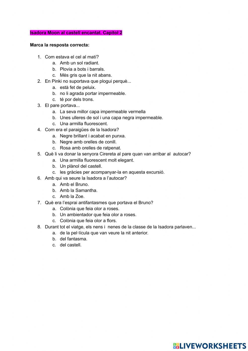 Isadora Moon al castell encantat cap 2 worksheet | Live Worksheets