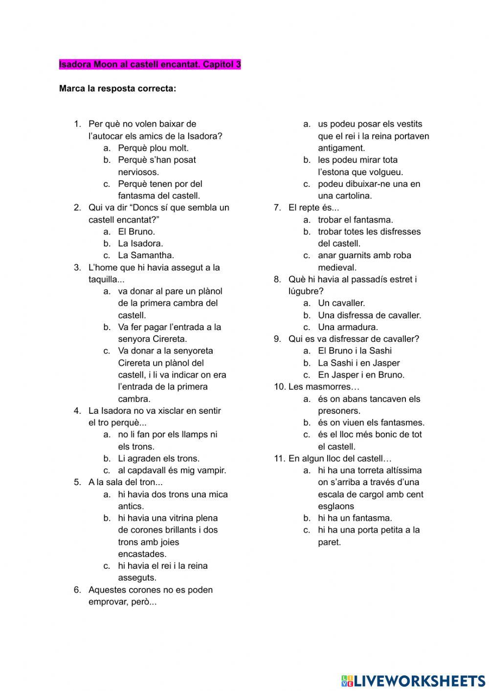 Isadora Moon al castell encantat cap 3 worksheet | Live Worksheets