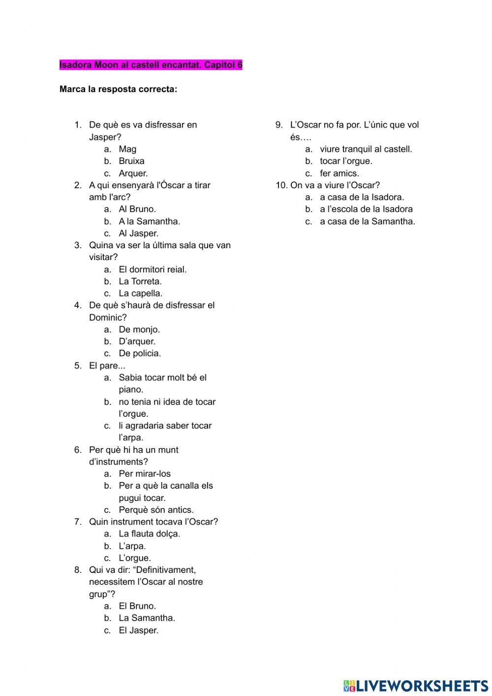 Isadora Moon al castell encantat cap 6 worksheet | Live Worksheets