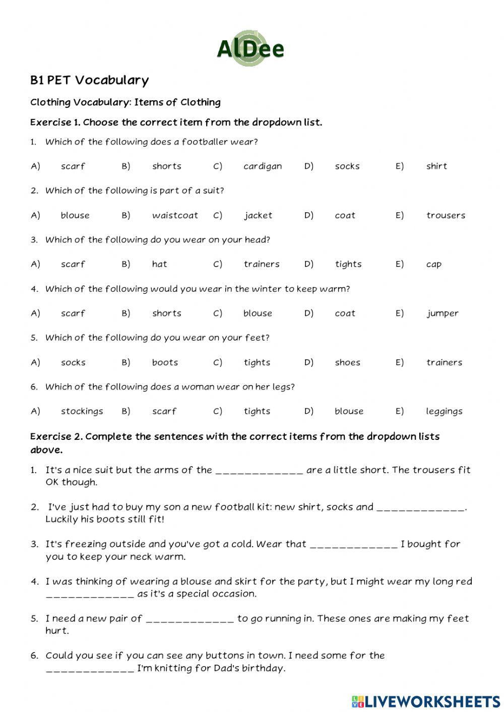 B1 Summer Vocabulary: Clothes online exercise for | Live Worksheets