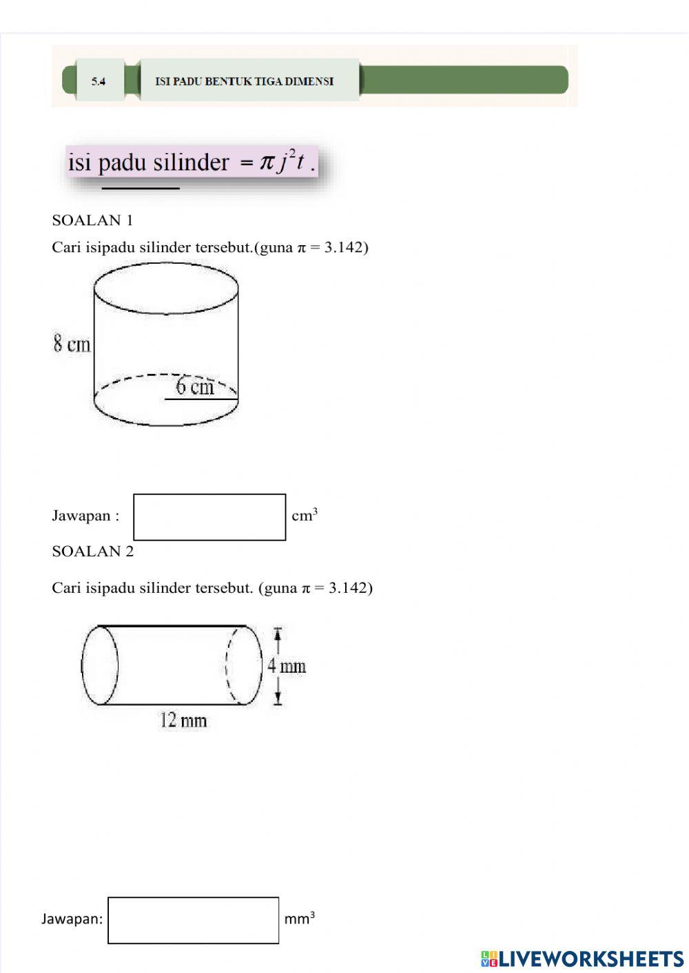 Menentukan isi padu silinder, kon dengan menggunakan rumus. worksheet ...