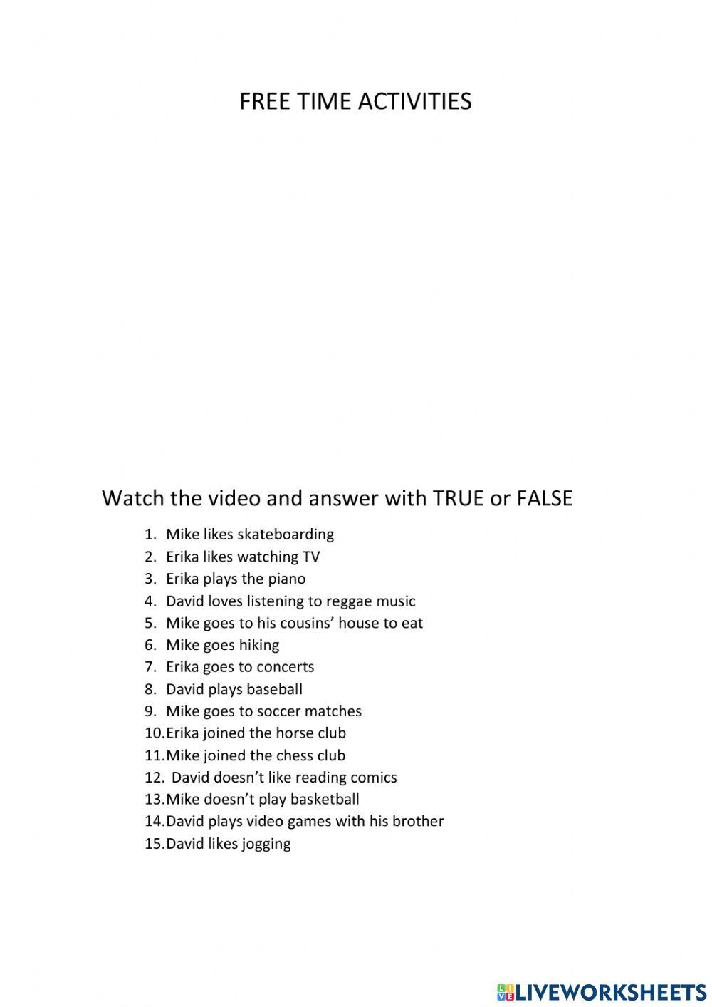 Free time activities online exercise for FIFTHE GRADE PRIMARY | Live ...