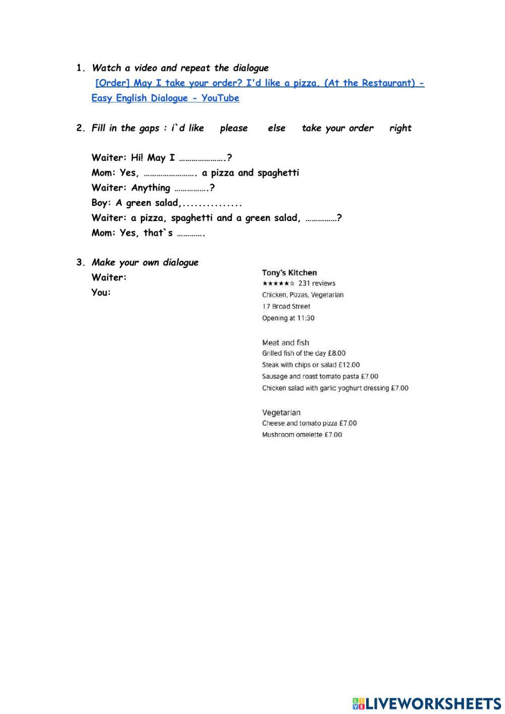 At the restaurant worksheet for Beginner | Live Worksheets