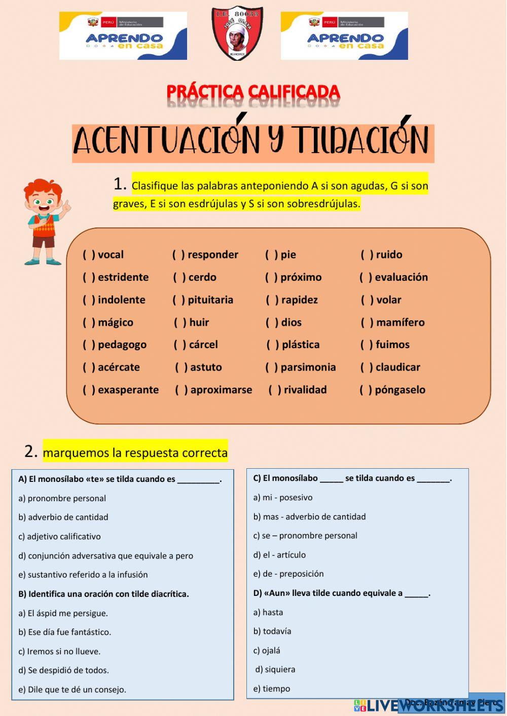 Acentuación y tildación interactive worksheet | Live Worksheets