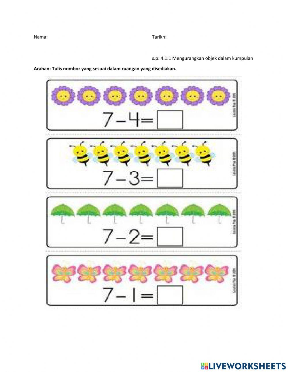 Operasi tolak worksheet for tahun 1 | Live Worksheets