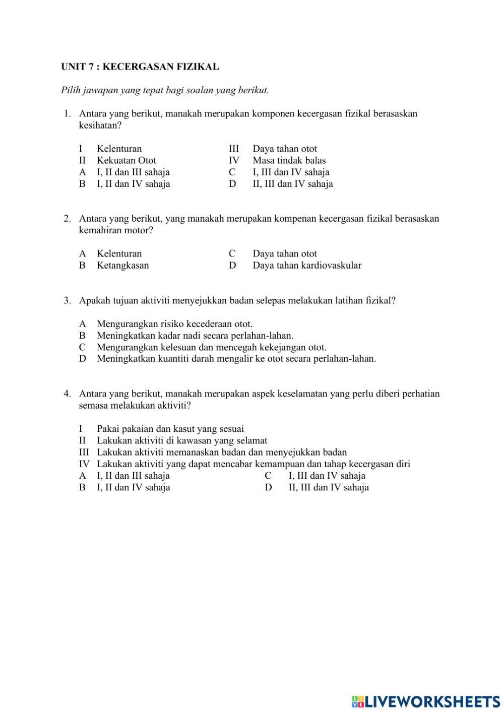 Kecergasan Fizikal interactive exercise | Live Worksheets