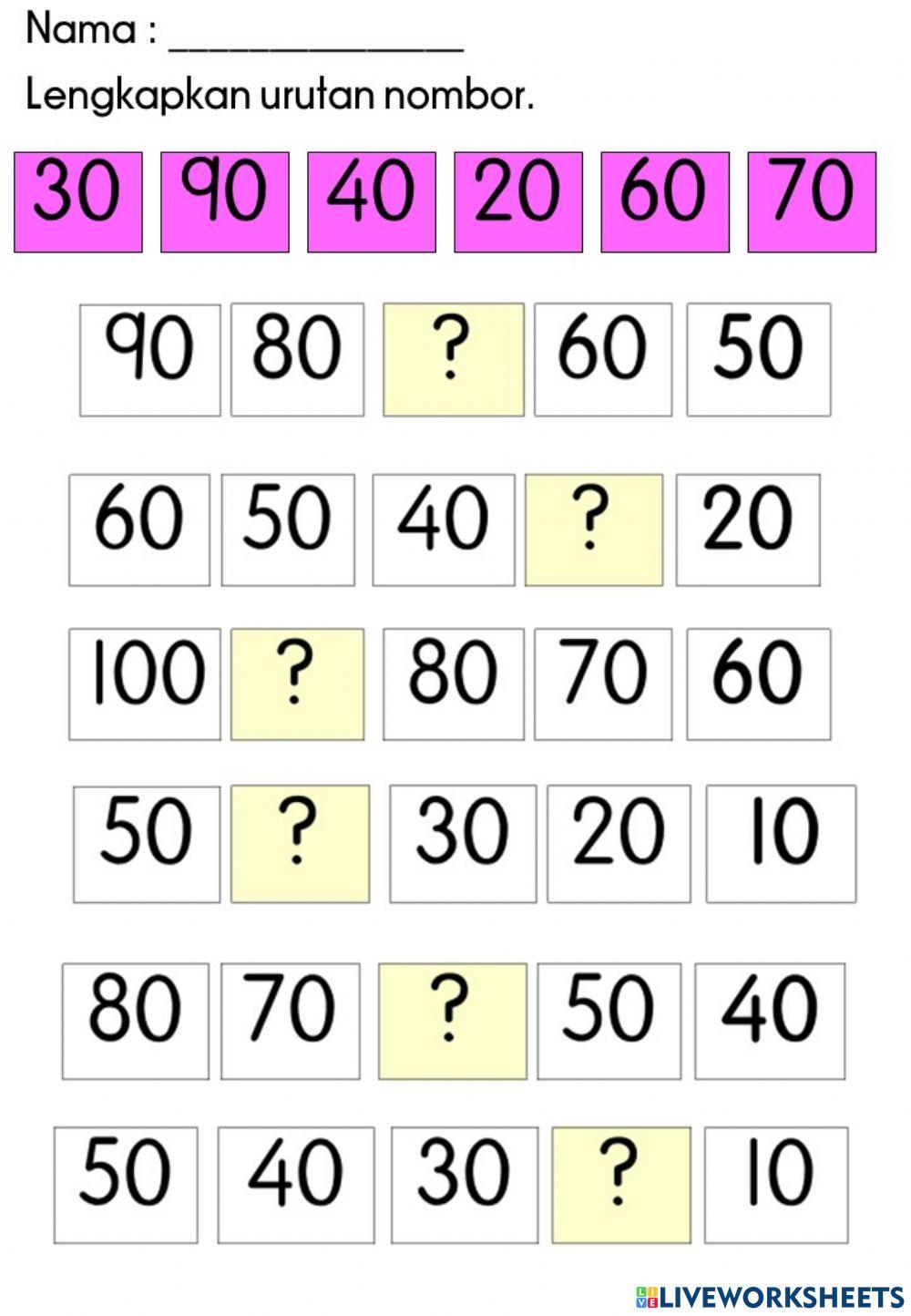 Nombor sepuluh-sepuluh worksheet | Live Worksheets