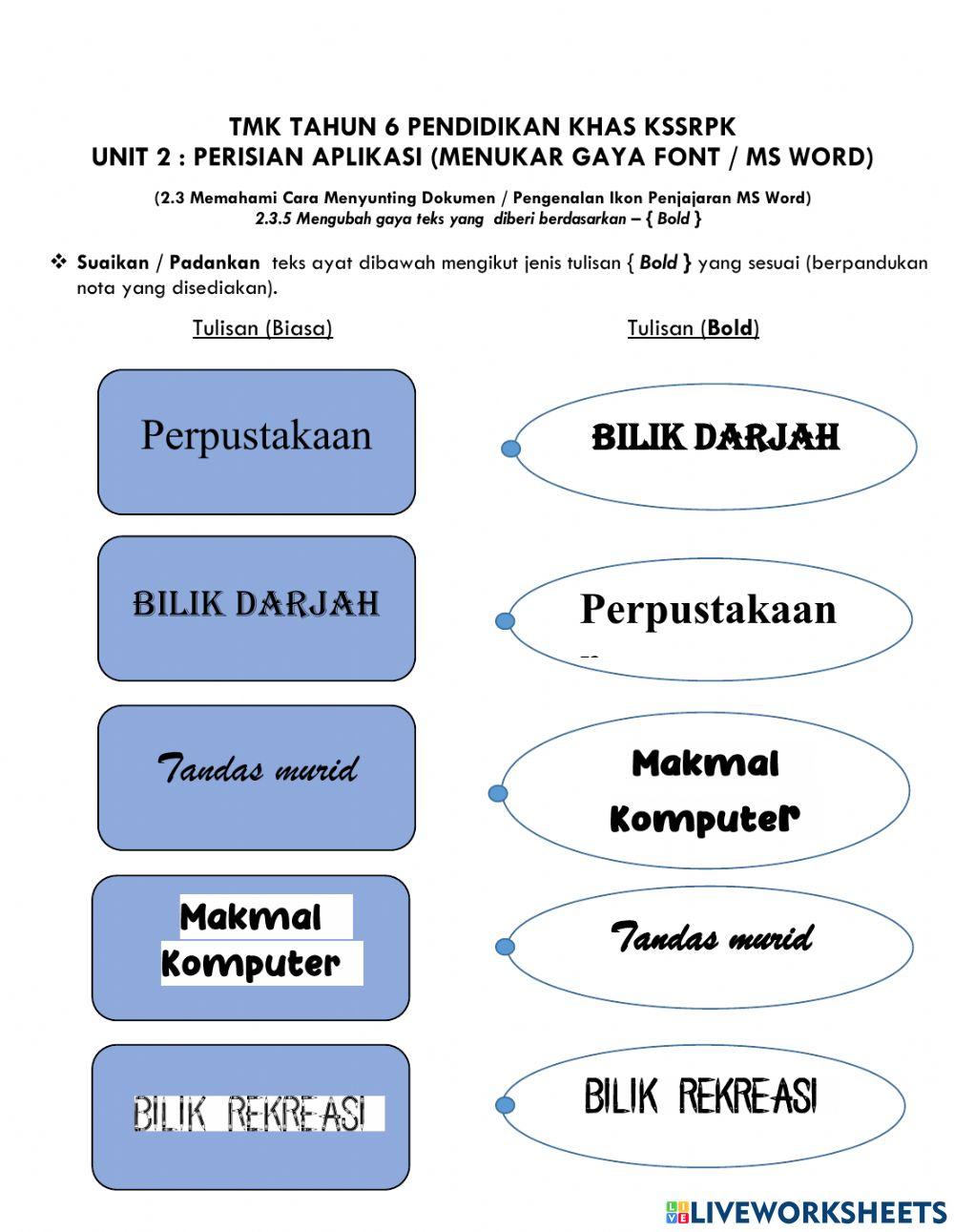 Pelbagai bentuk font ms word(f Bold) worksheet | Live Worksheets