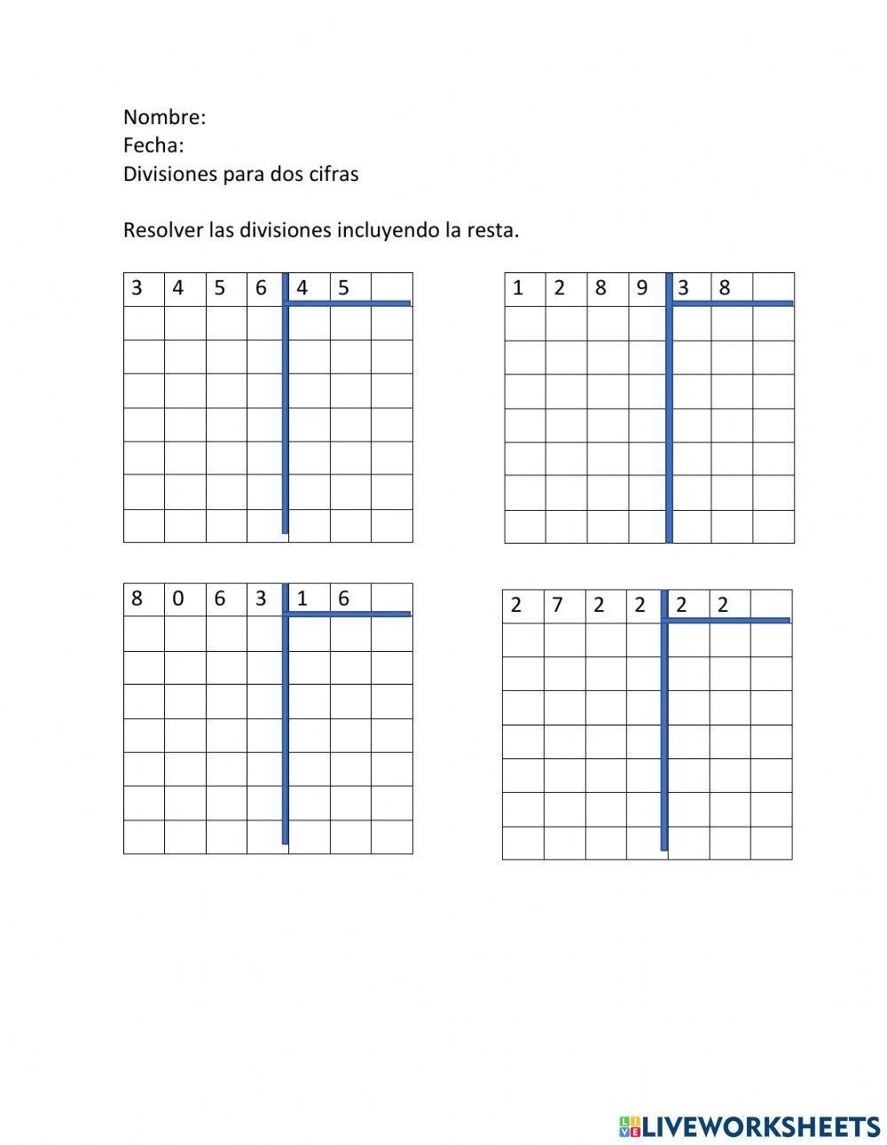Divisiones para dos cifras exercise | Live Worksheets