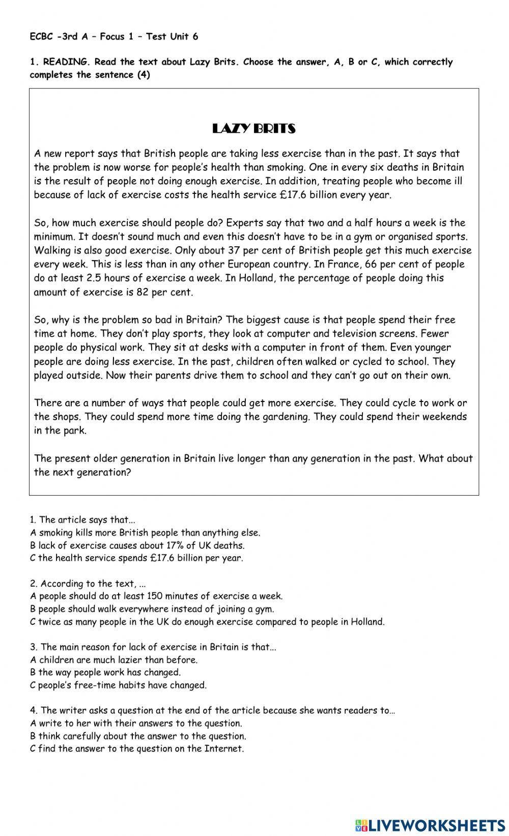 Unittest 6 worksheet | Live Worksheets