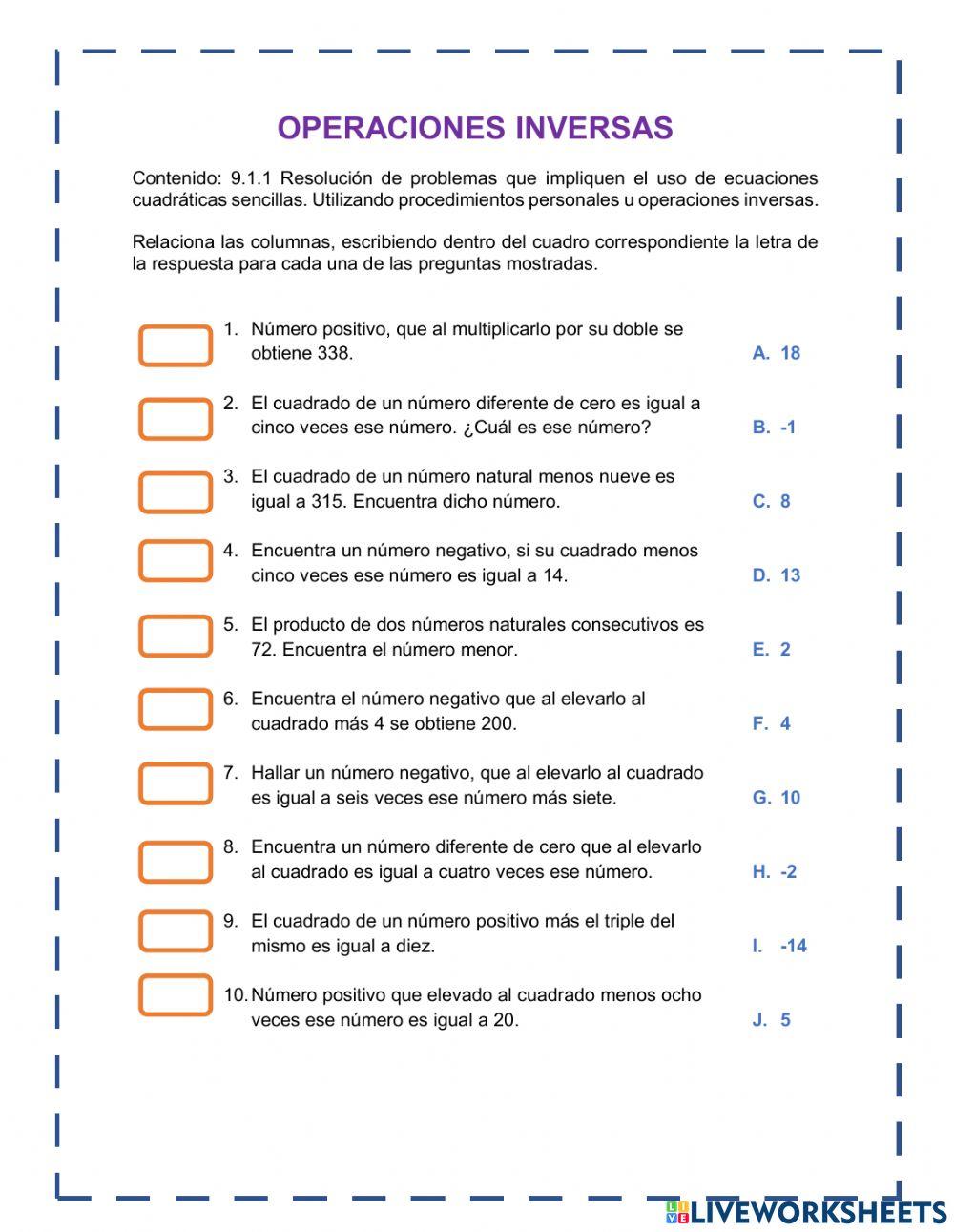 Operaciones inversas interactive activity | Live Worksheets
