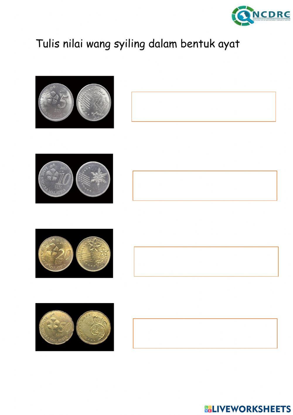 Menulis nilai wang duit syiling worksheet | Live Worksheets