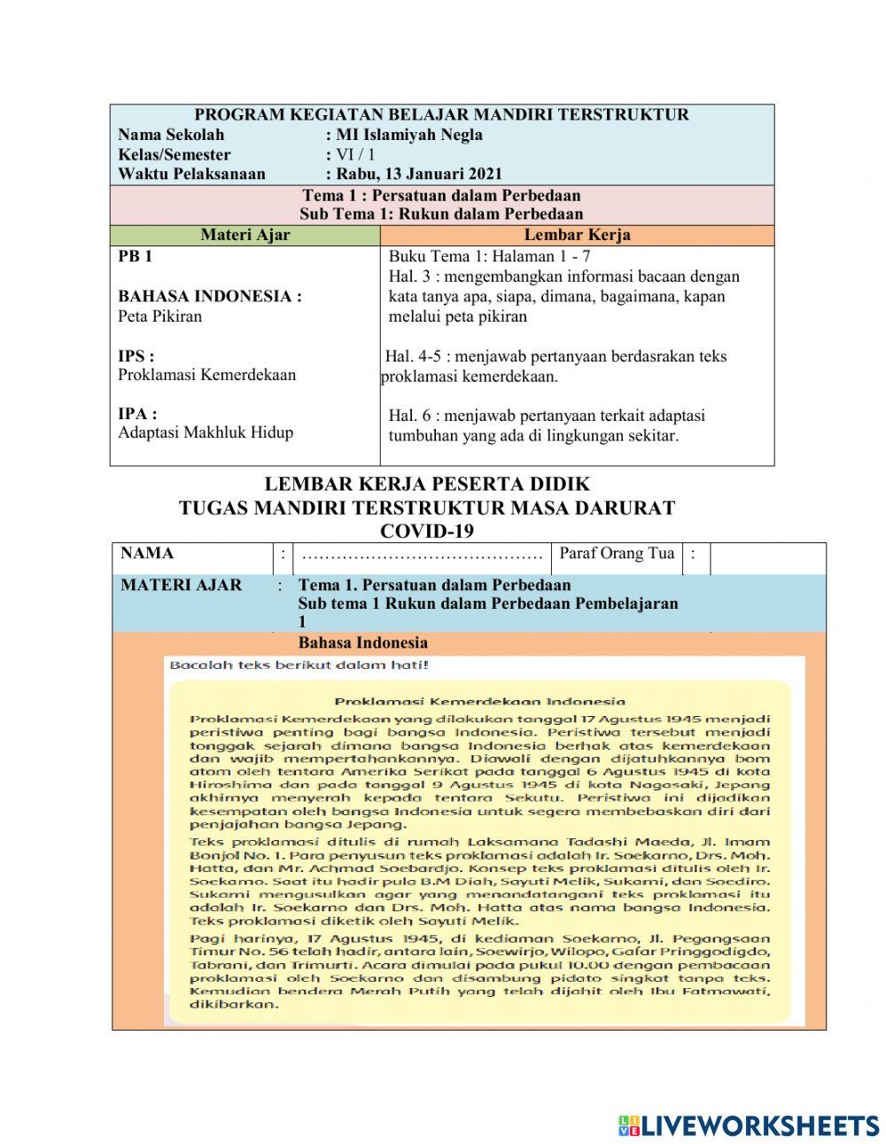 LKPD Tema 2 Sub tema 2 Pembelajaran 1 worksheet | Live Worksheets