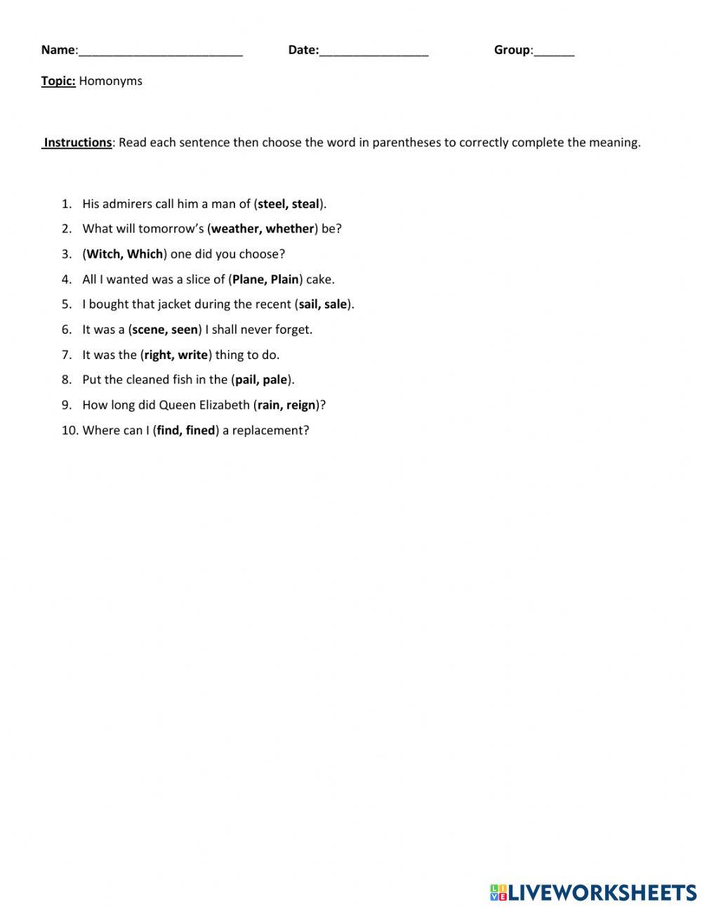 Homonyms | Free Interactive Worksheets | 1173860