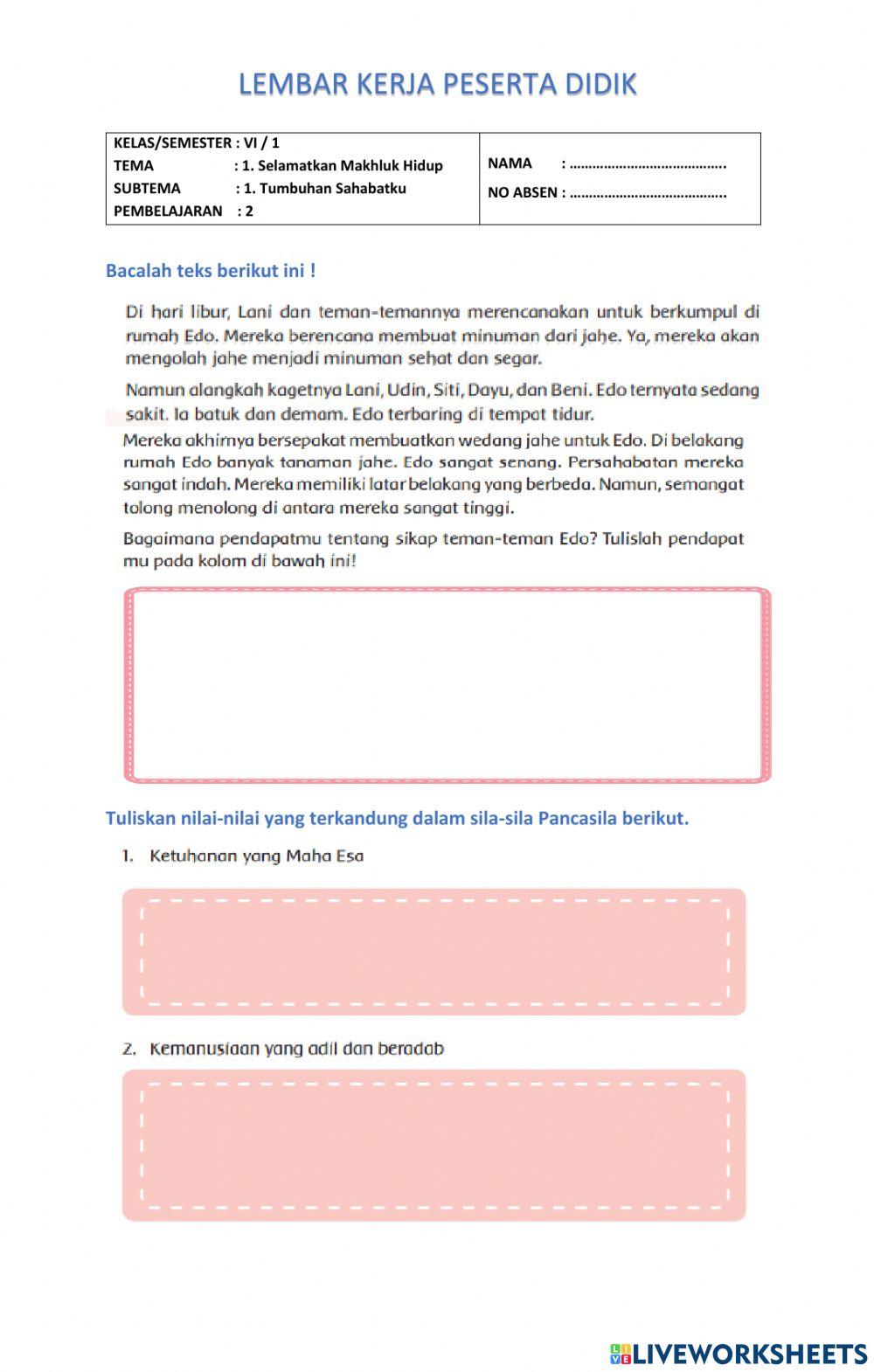LKPD Kelas 6 Tema 1 ST 1 Pb 2 worksheet | Live Worksheets