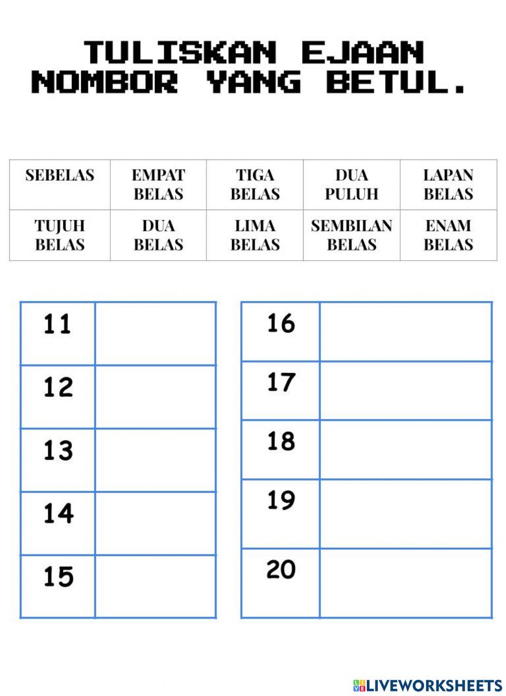 Ejaan nombor 11-20 worksheet | Live Worksheets