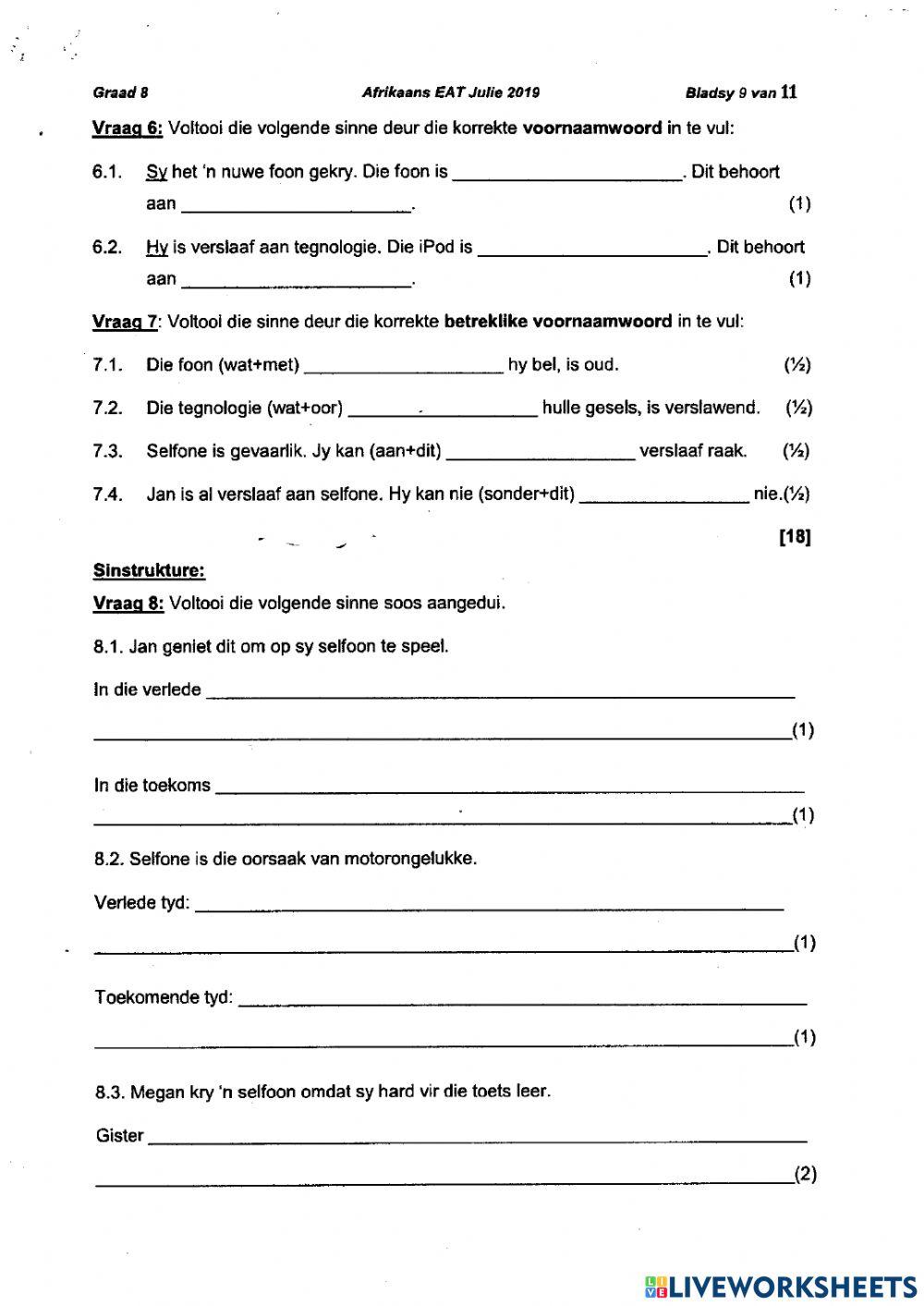 Grade 8 2019 Afrikaans paper part 3 online exercise for | Live Worksheets