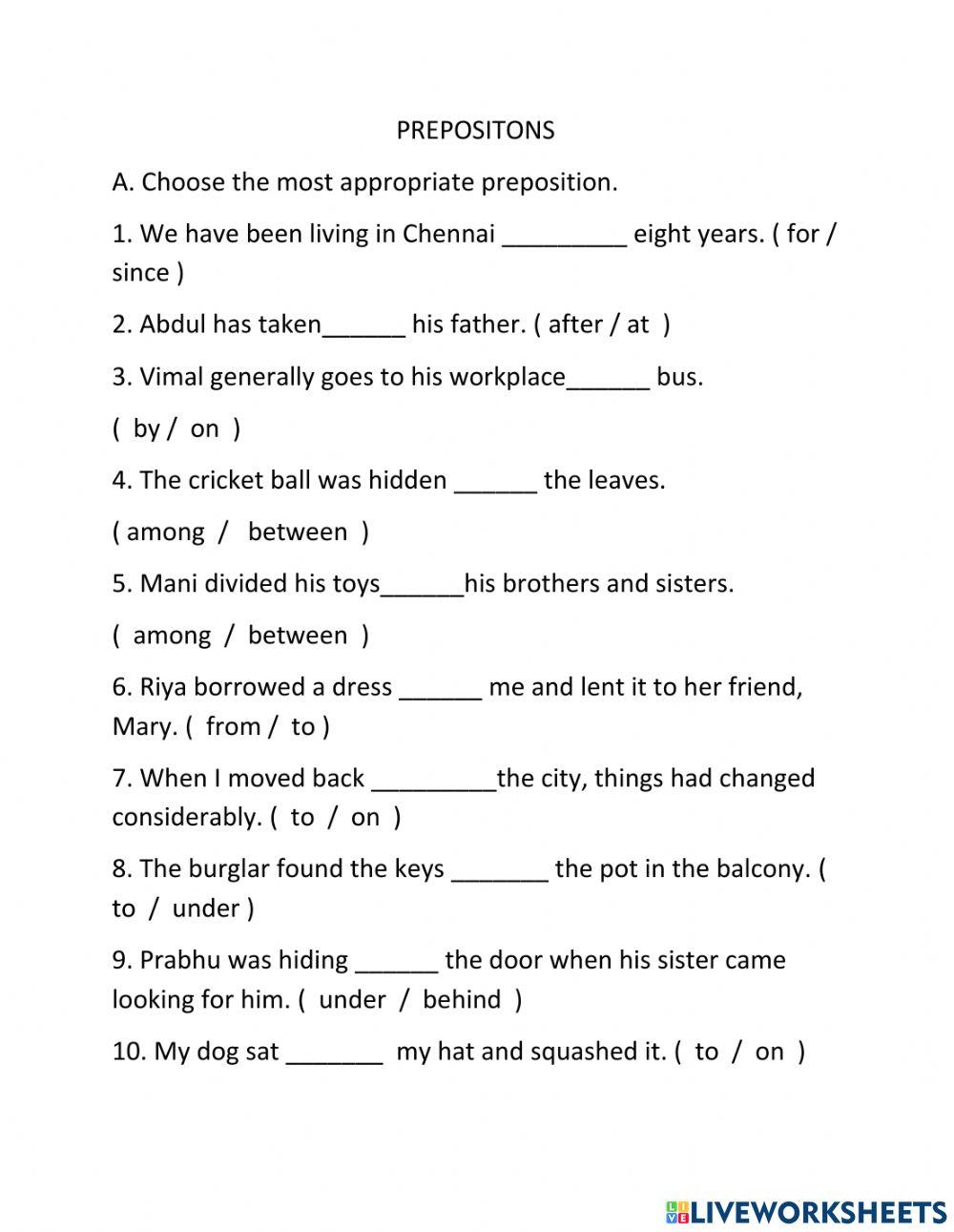 Prepositions online exercise for 8 TO 10 | Live Worksheets
