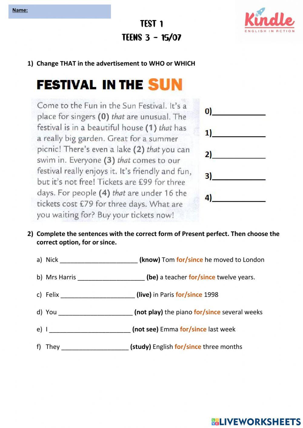 Test 1 - teens 3 worksheet | Live Worksheets