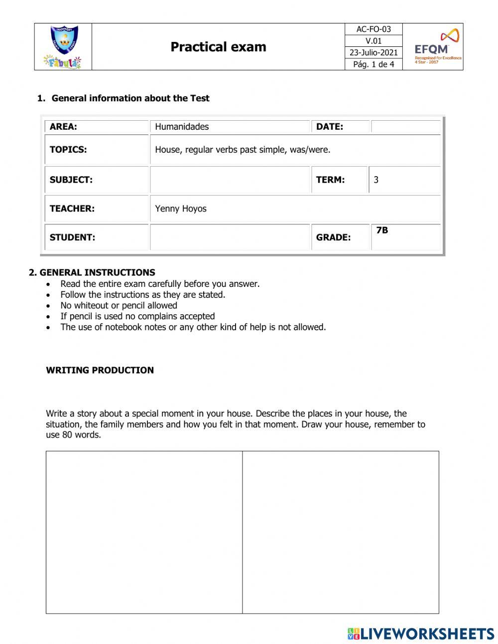 7th, English III. Practical exam worksheet | Live Worksheets
