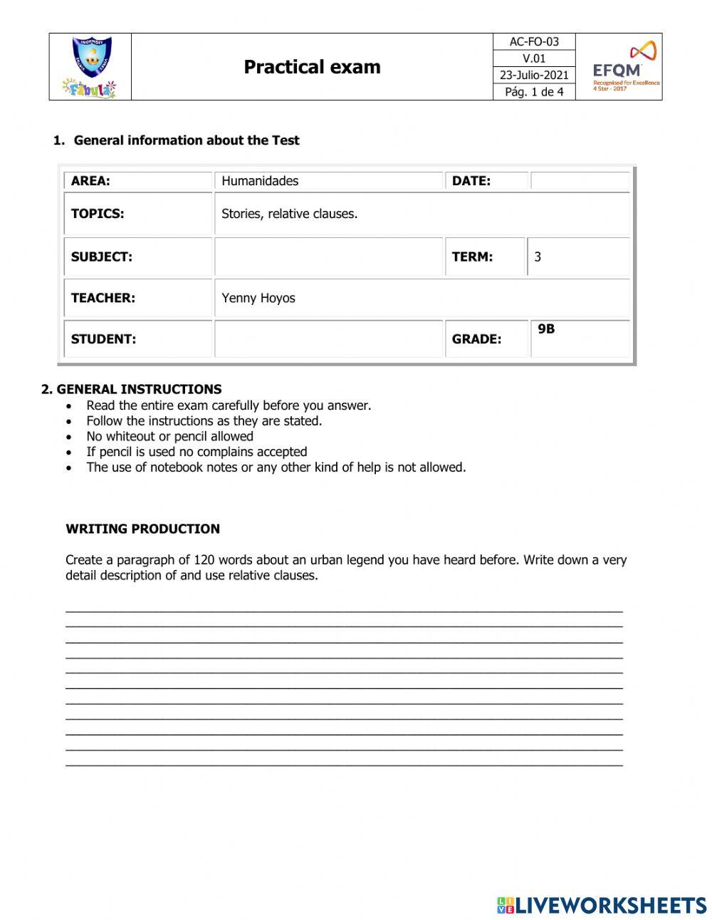 9th, English III. Practical exam worksheet | Live Worksheets